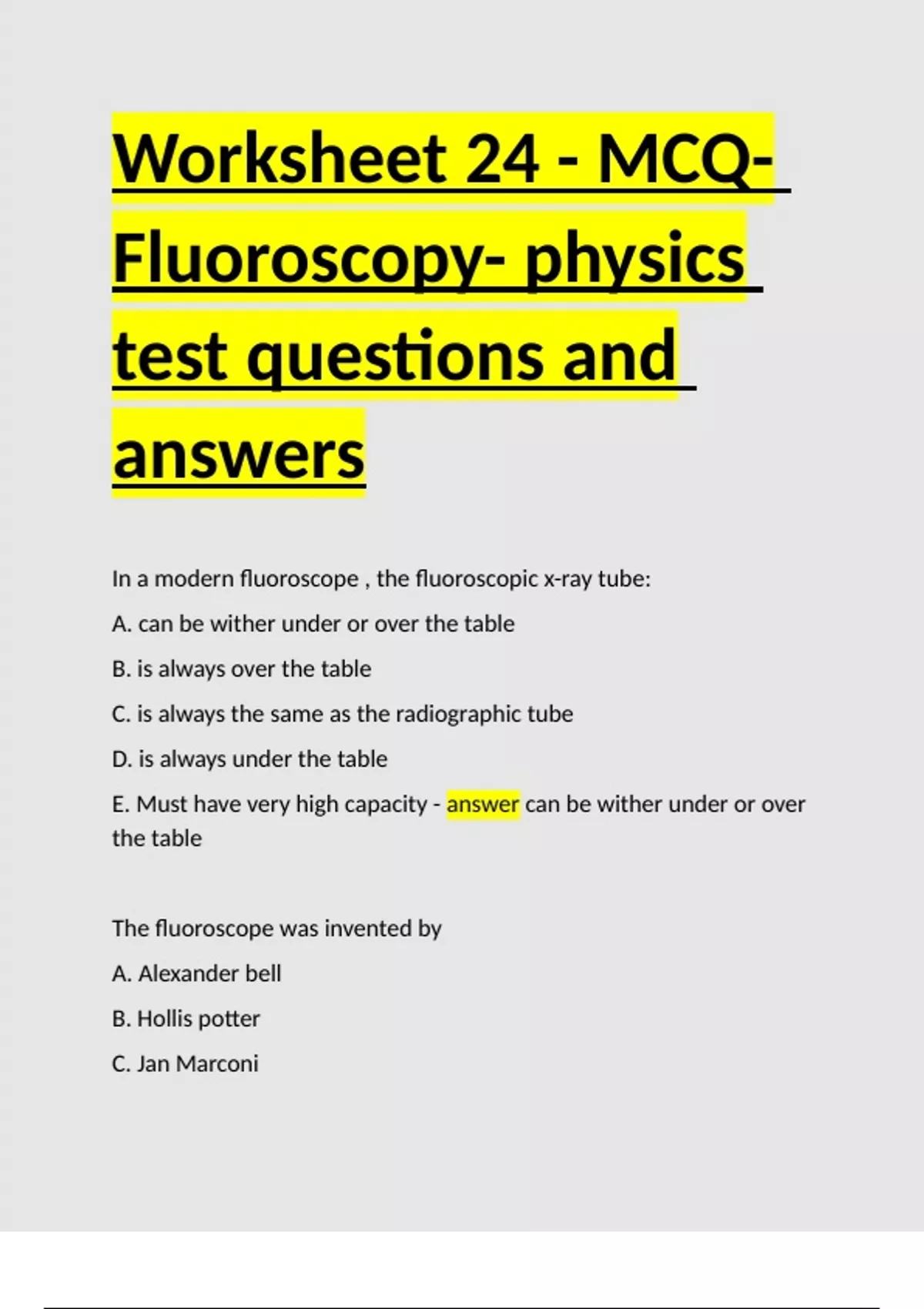 Worksheet 24 - MCQ- Fluoroscopy- physics test questions and answers ...