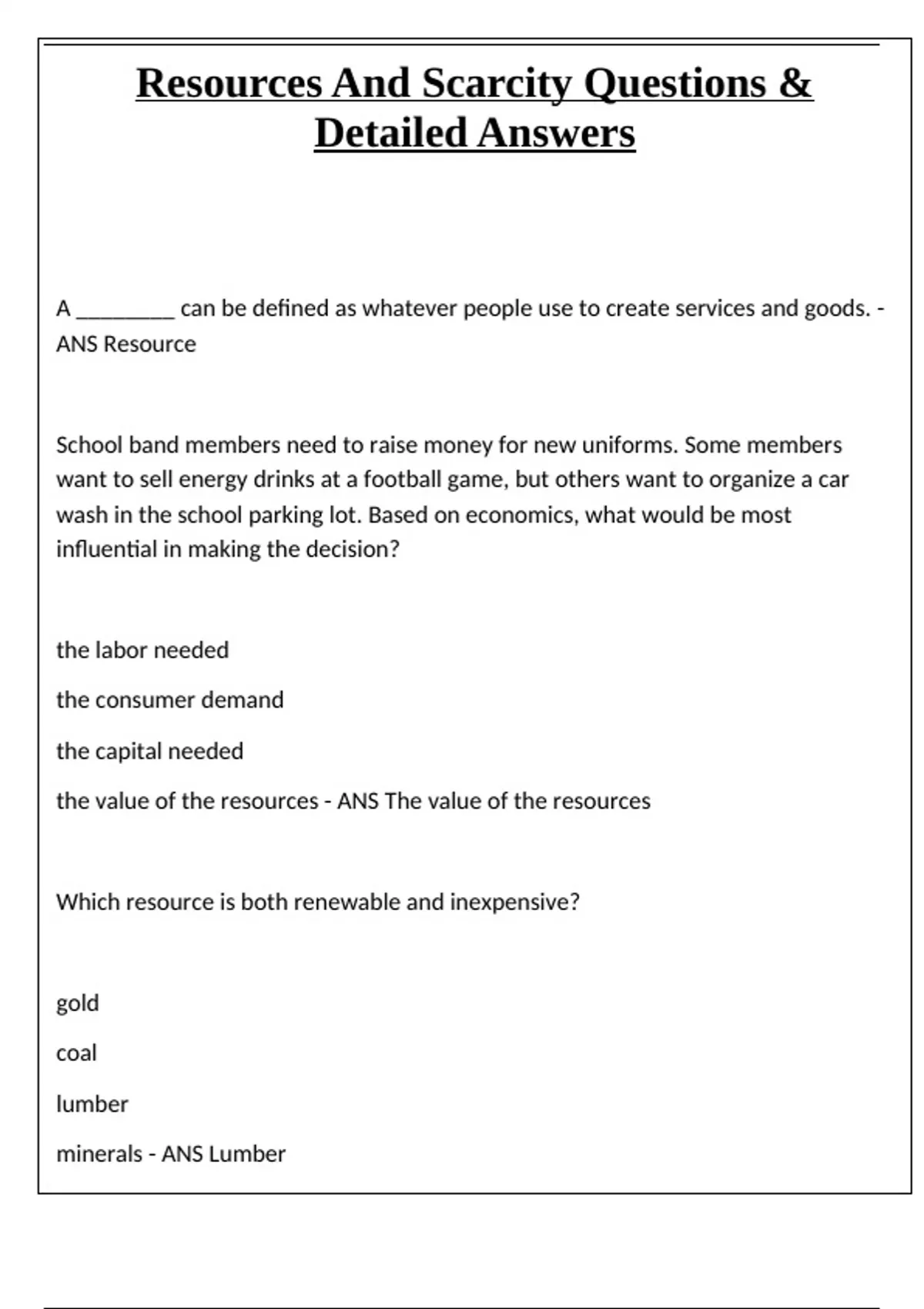 Resources And Scarcity Questions & Detailed Answers - Resource Scarcity ...