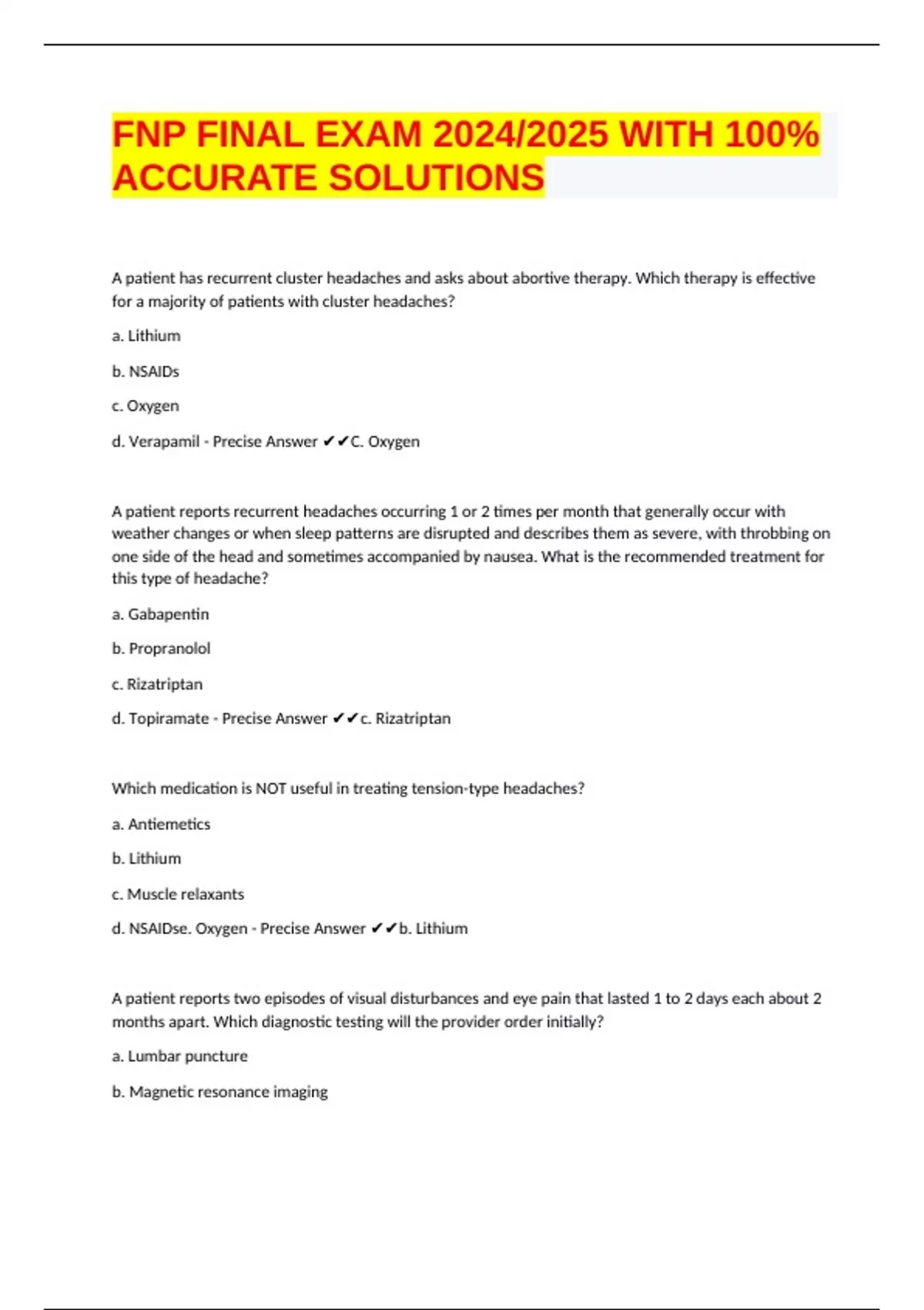 FNP FINAL EXAM 2024/2025 WITH 100% ACCURATE SOLUTIONS - FNP - Stuvia US