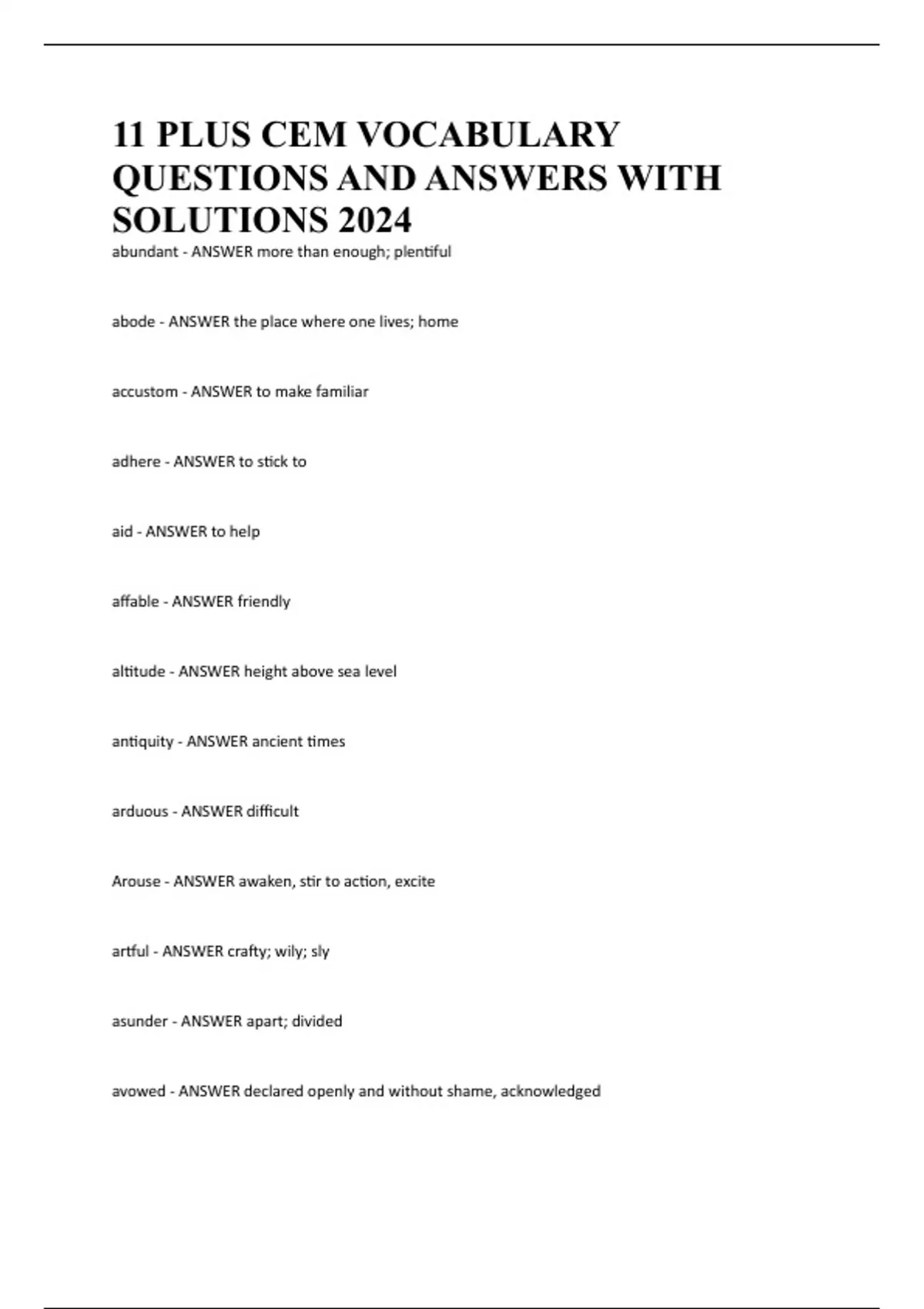 11 PLUS CEM VOCABULARY QUESTIONS AND ANSWERS WITH SOLUTIONS 2024 - CEM ...