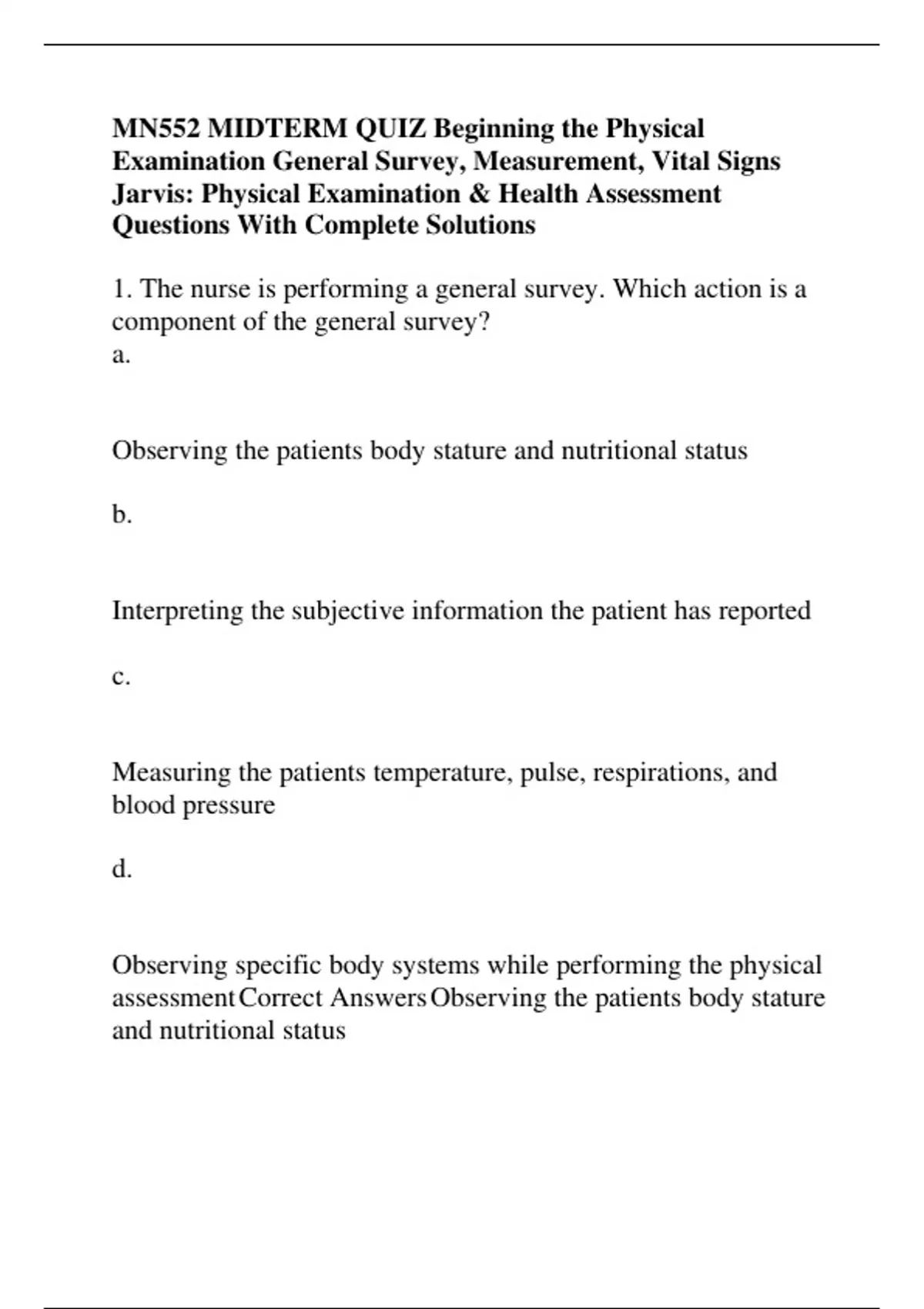 MN552 MIDTERM QUIZ Beginning the Physical Examination General Survey ...