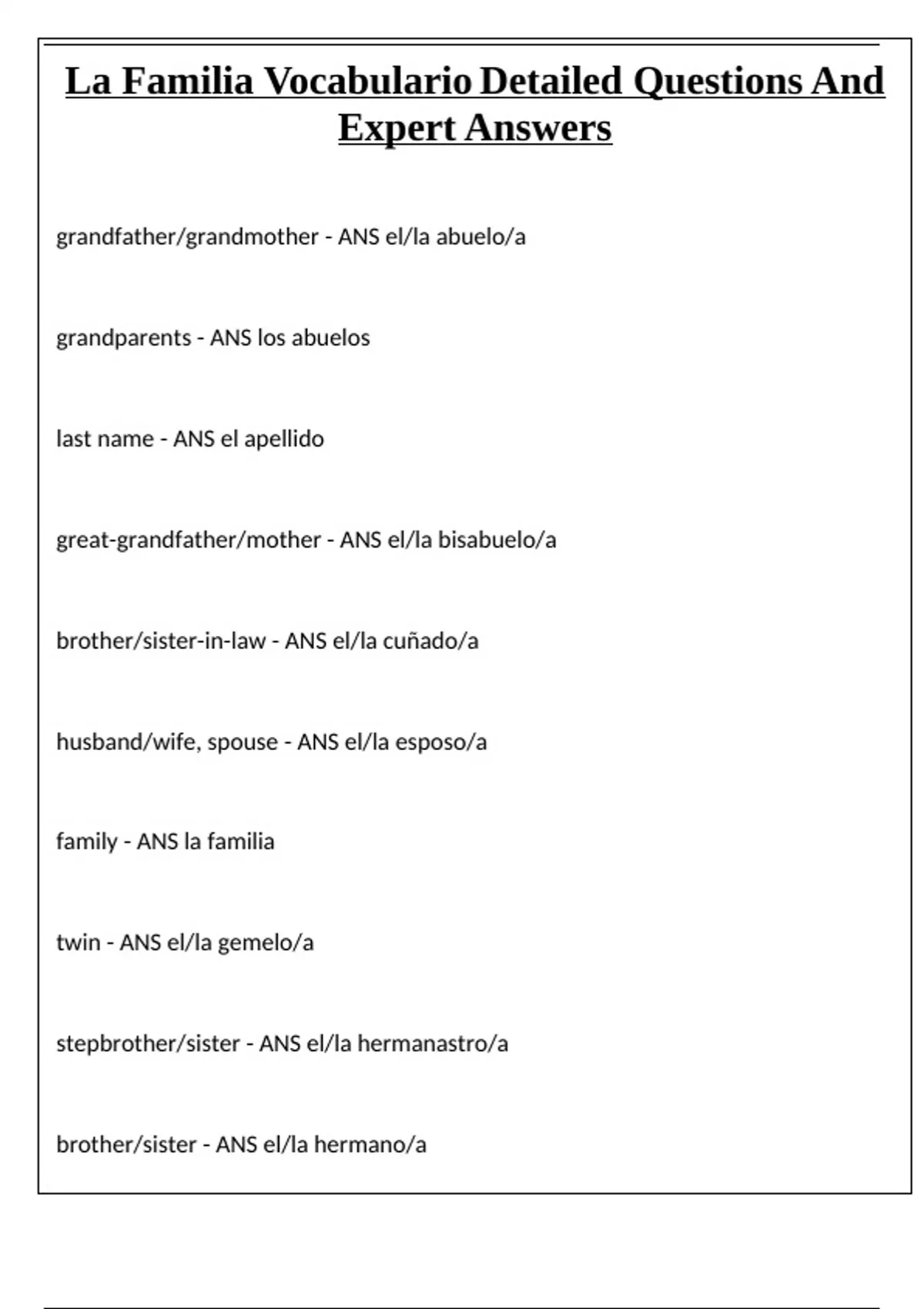 La Familia Vocabulario Detailed Questions And Expert Answers - La ...