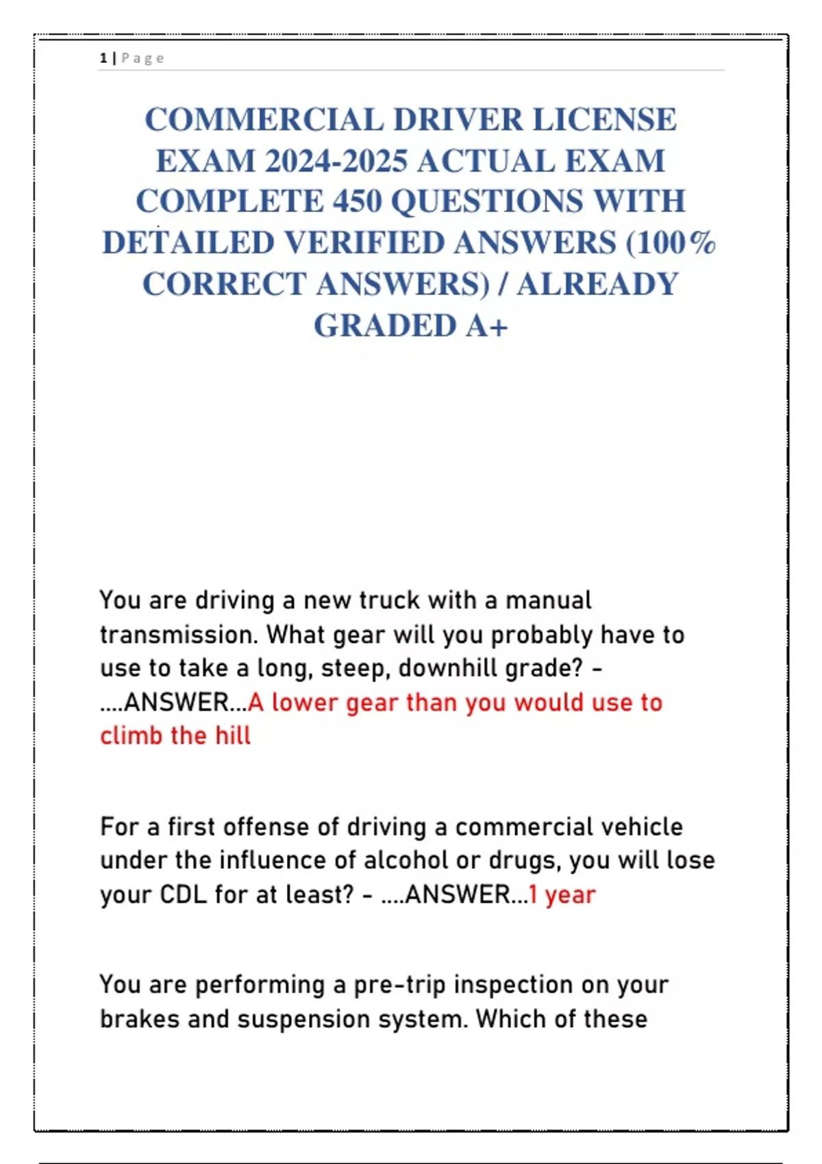 COMMERCIAL DRIVER LICENSE EXAM ACTUAL EXAM COMPLETE 450 QUESTIONS WITH ...