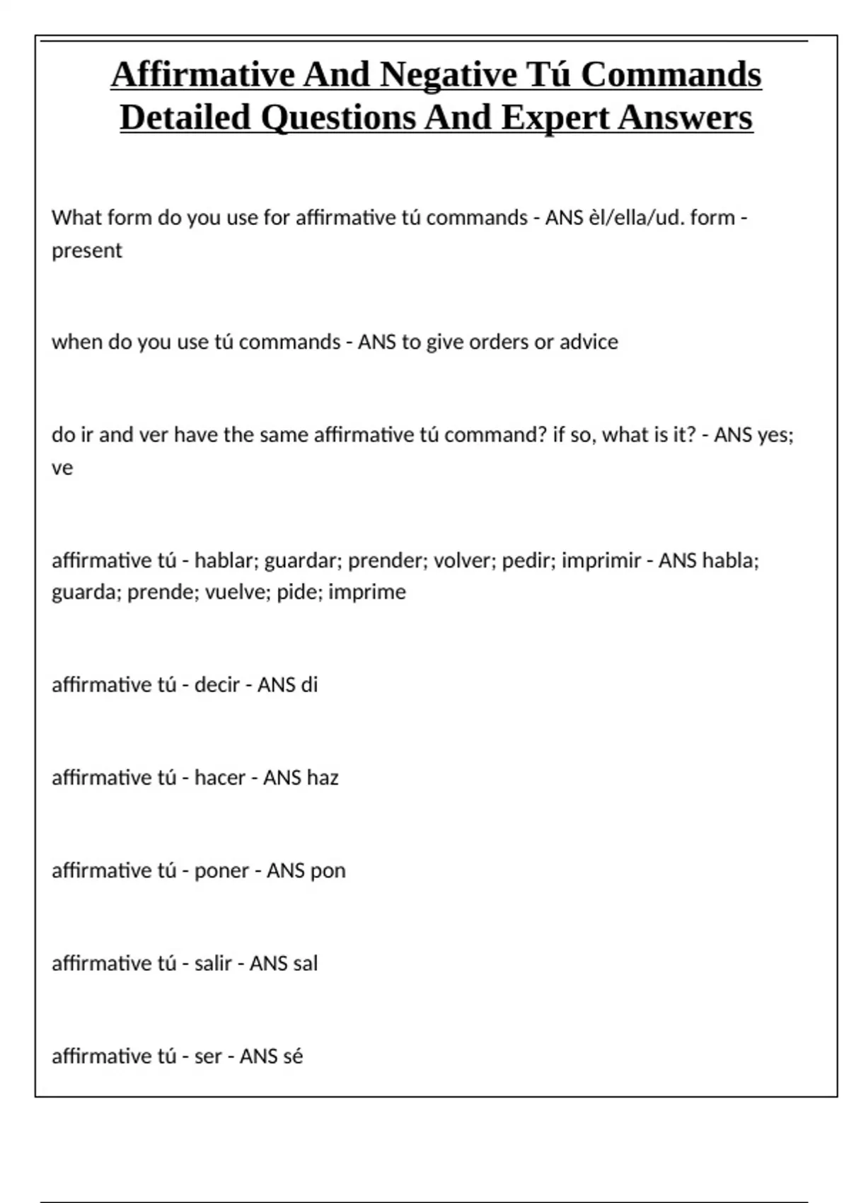 Affirmative And Negative Tú Commands Detailed Questions And Expert ...
