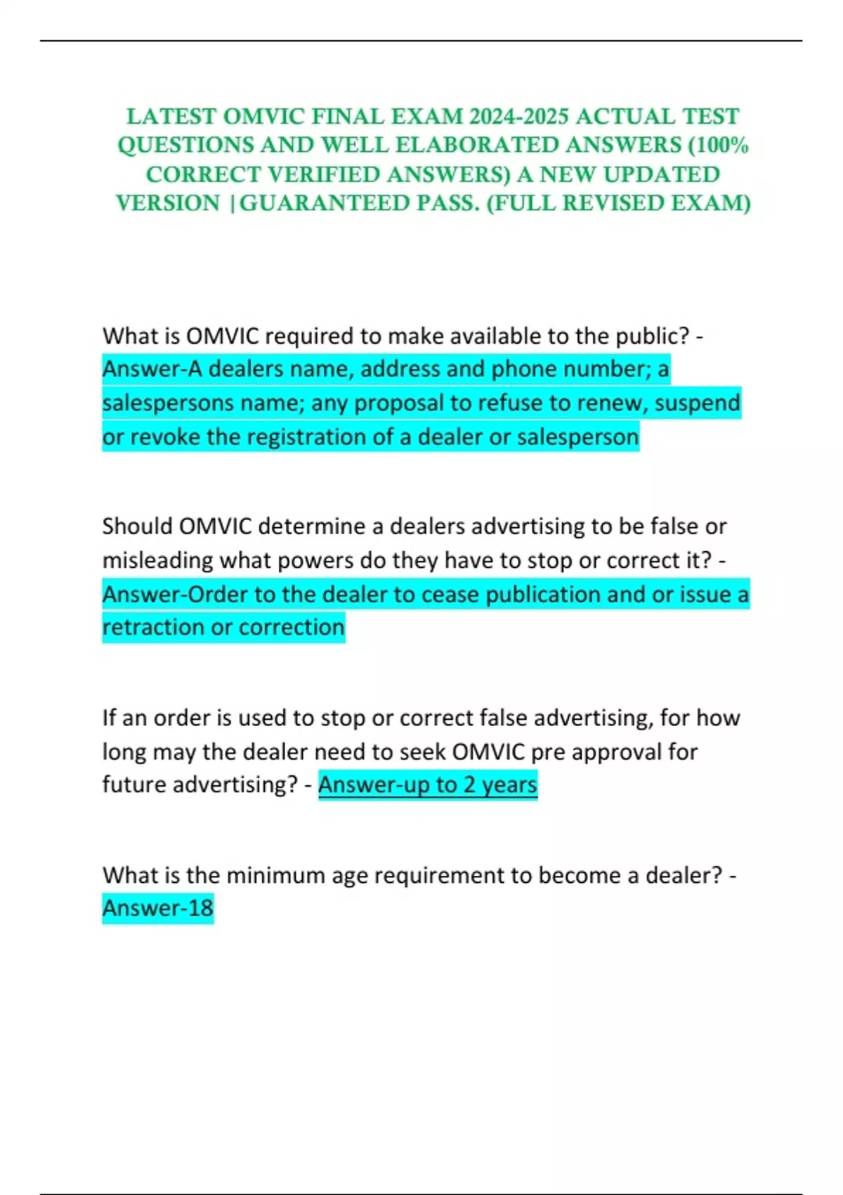 LATEST OMVIC FINAL EXAM ACTUAL TEST QUESTIONS AND WELL ELABORATED ...
