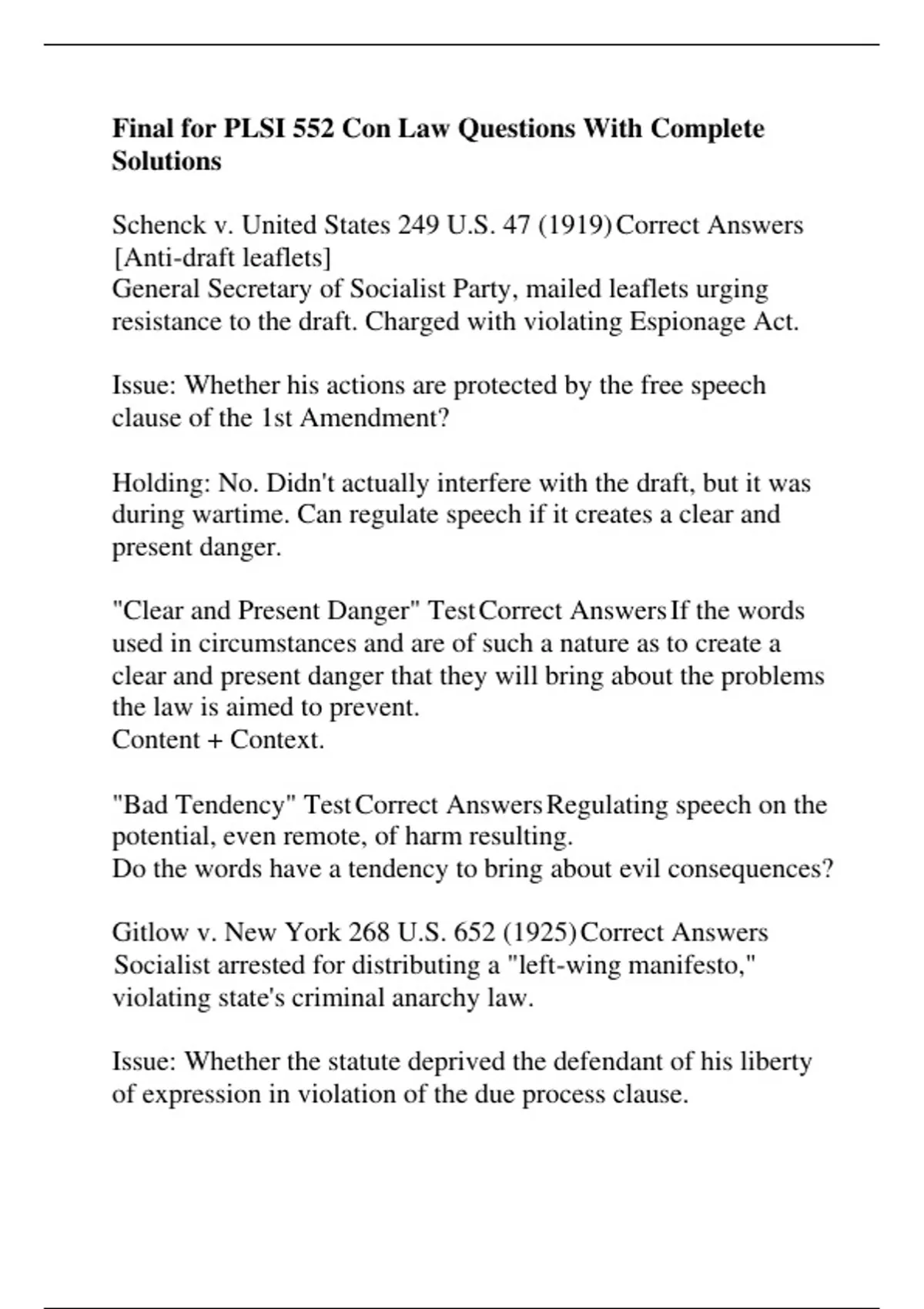 Final for PLSI 552 Con Law Questions With Complete Solutions - PLSI 552 ...