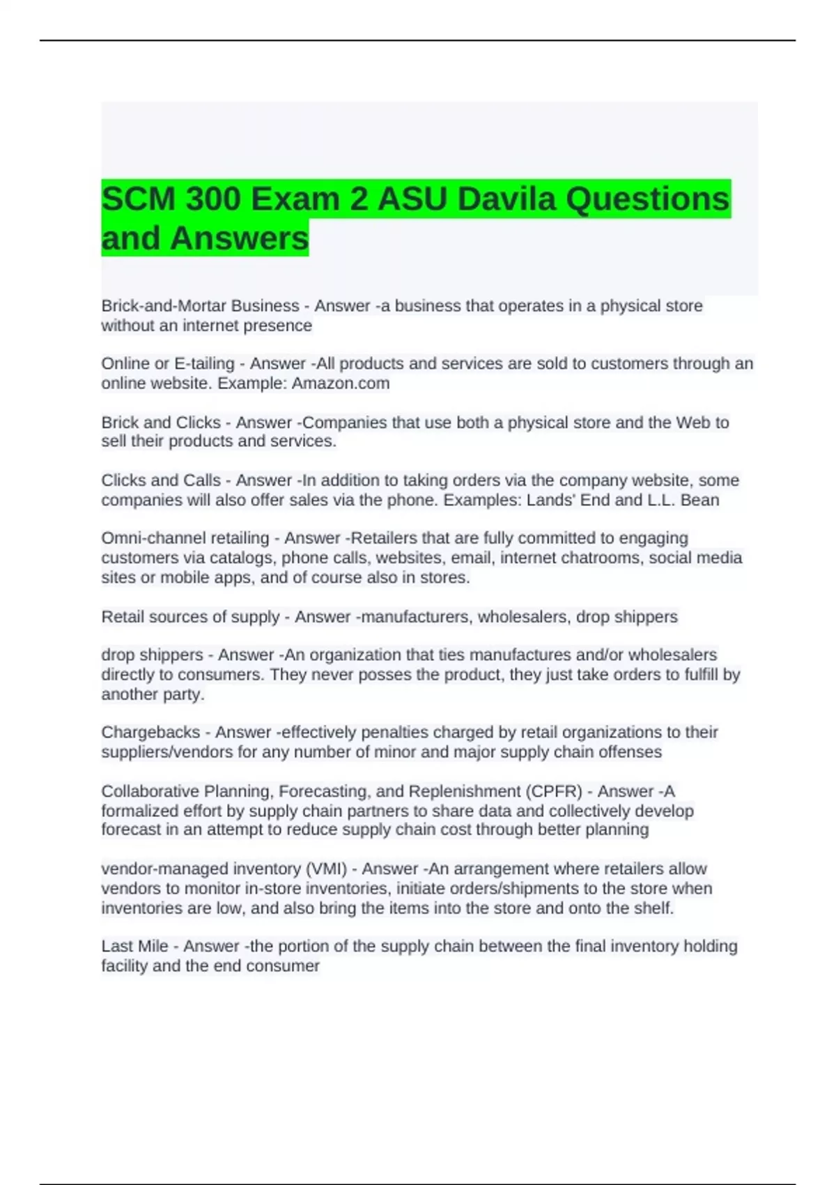 SCM 300 Exam 2 ASU Davila Questions and Answers - SCM 300 - Stuvia US