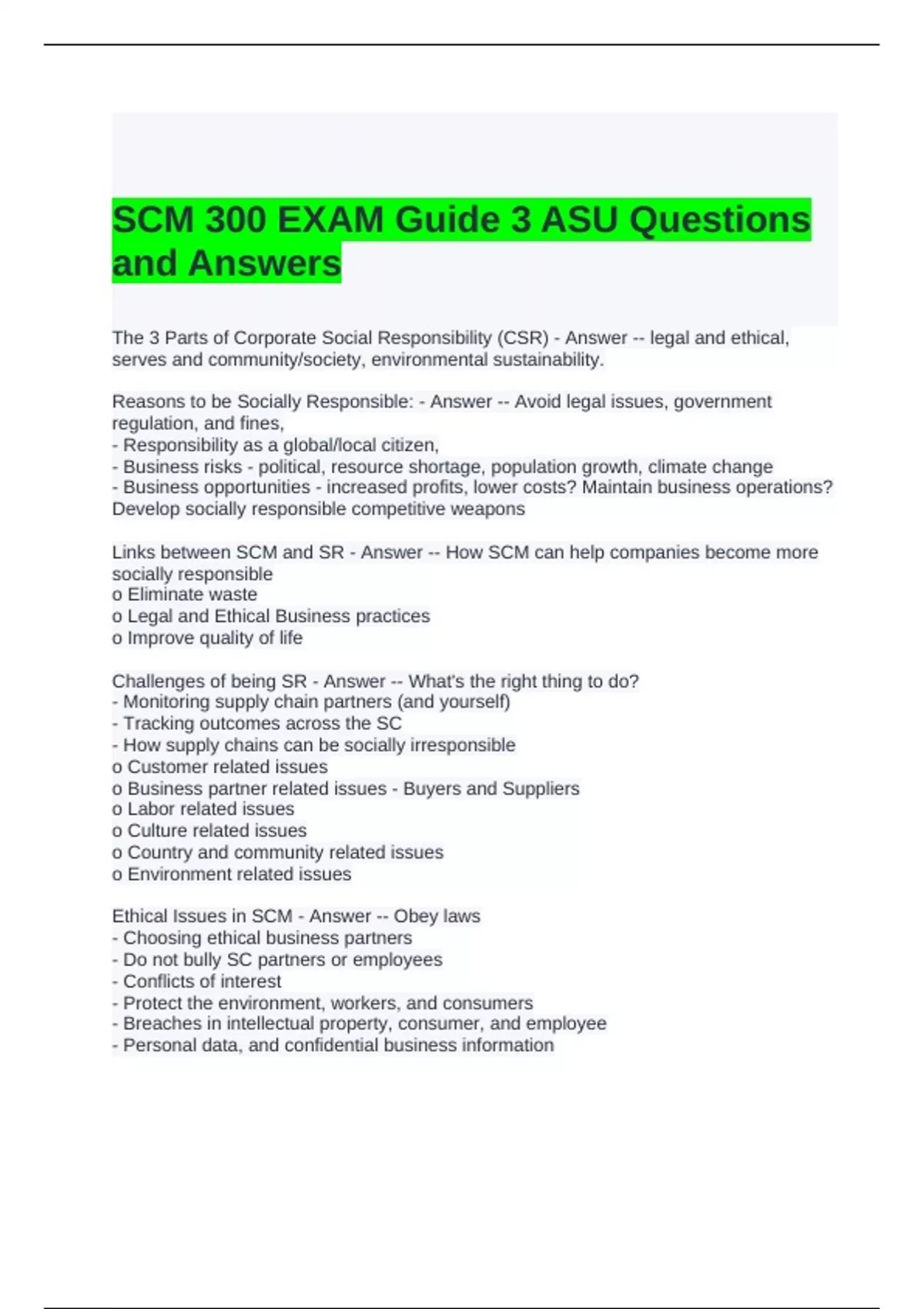 SCM 300 EXAM Guide 3 ASU Questions and Answers - SCM 300 - Stuvia US