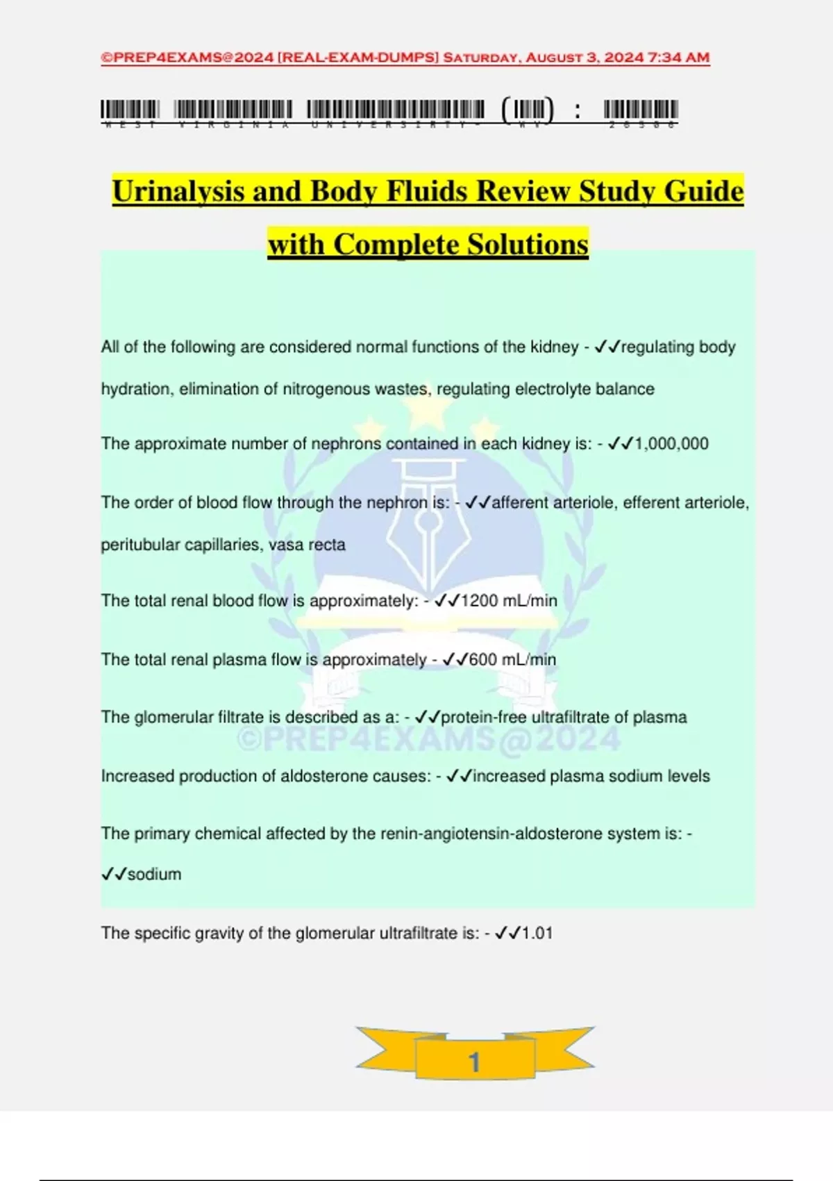 Urinalysis and Body Fluids Review Study Guide with Complete Solutions ...