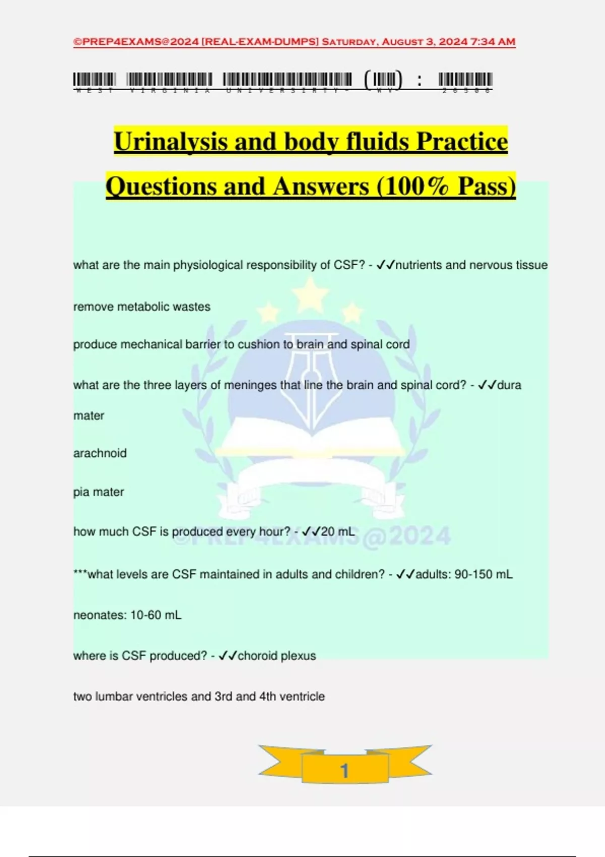 Urinalysis and body fluids Practice Questions and Answers (100% Pass ...