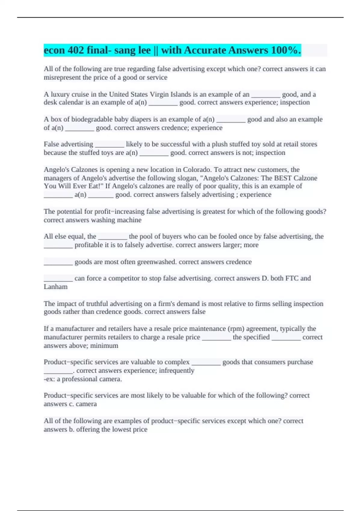 econ 402 final- sang lee || with Accurate Answers 100%. - Econ 402 f ...