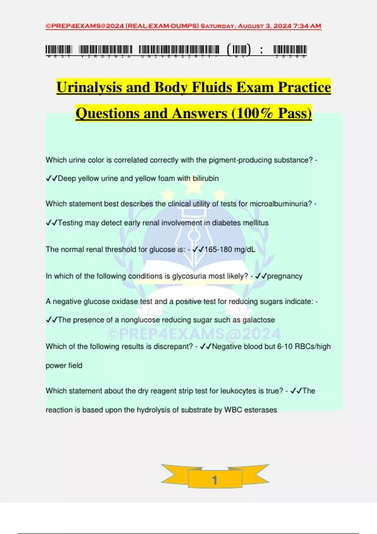 Urinalysis and Body Fluids Exam Practice Questions and Answers (100% Pass) - Urinalysis and Body ...