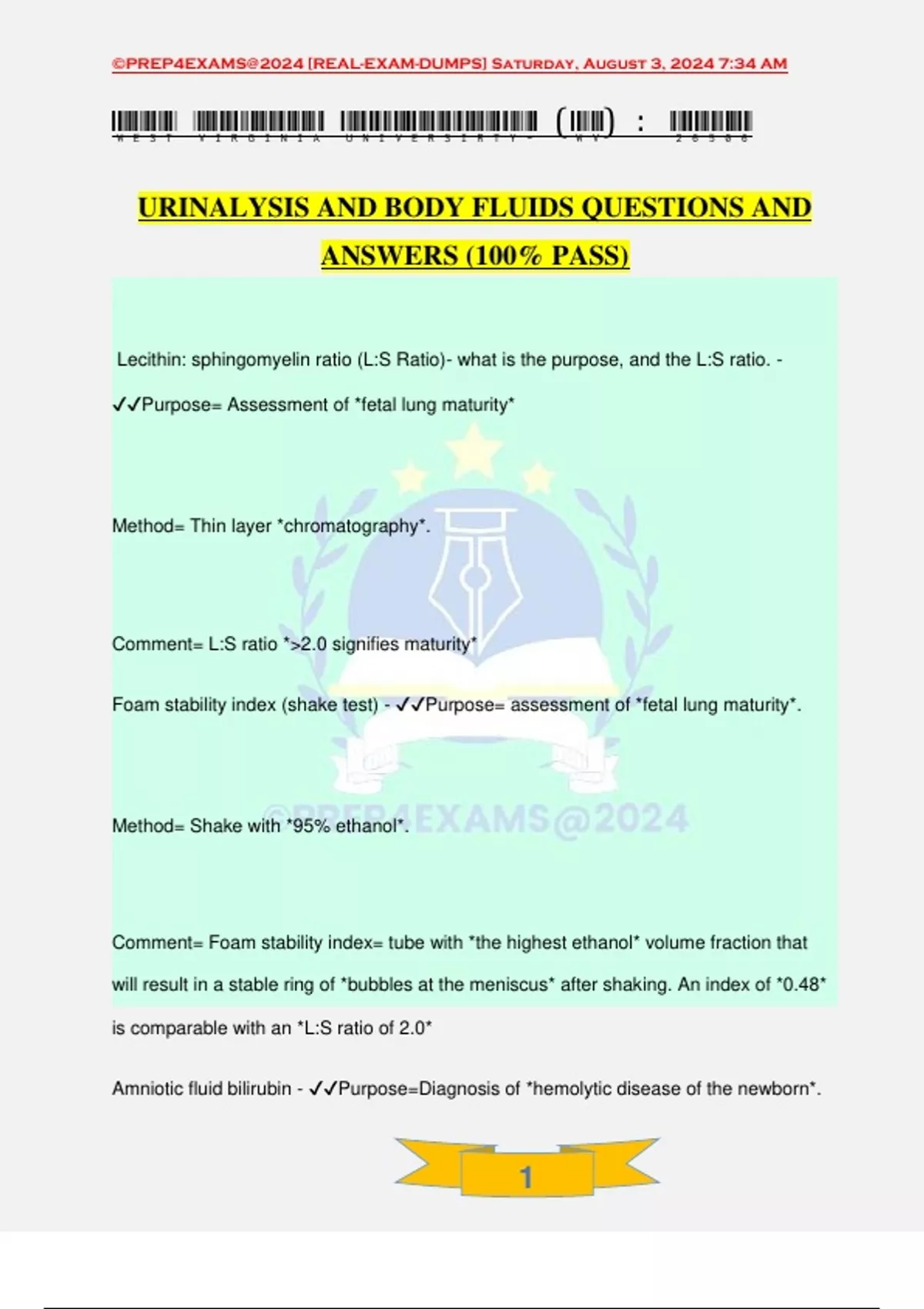 URINALYSIS AND BODY FLUIDS QUESTIONS AND ANSWERS (100% PASS ...