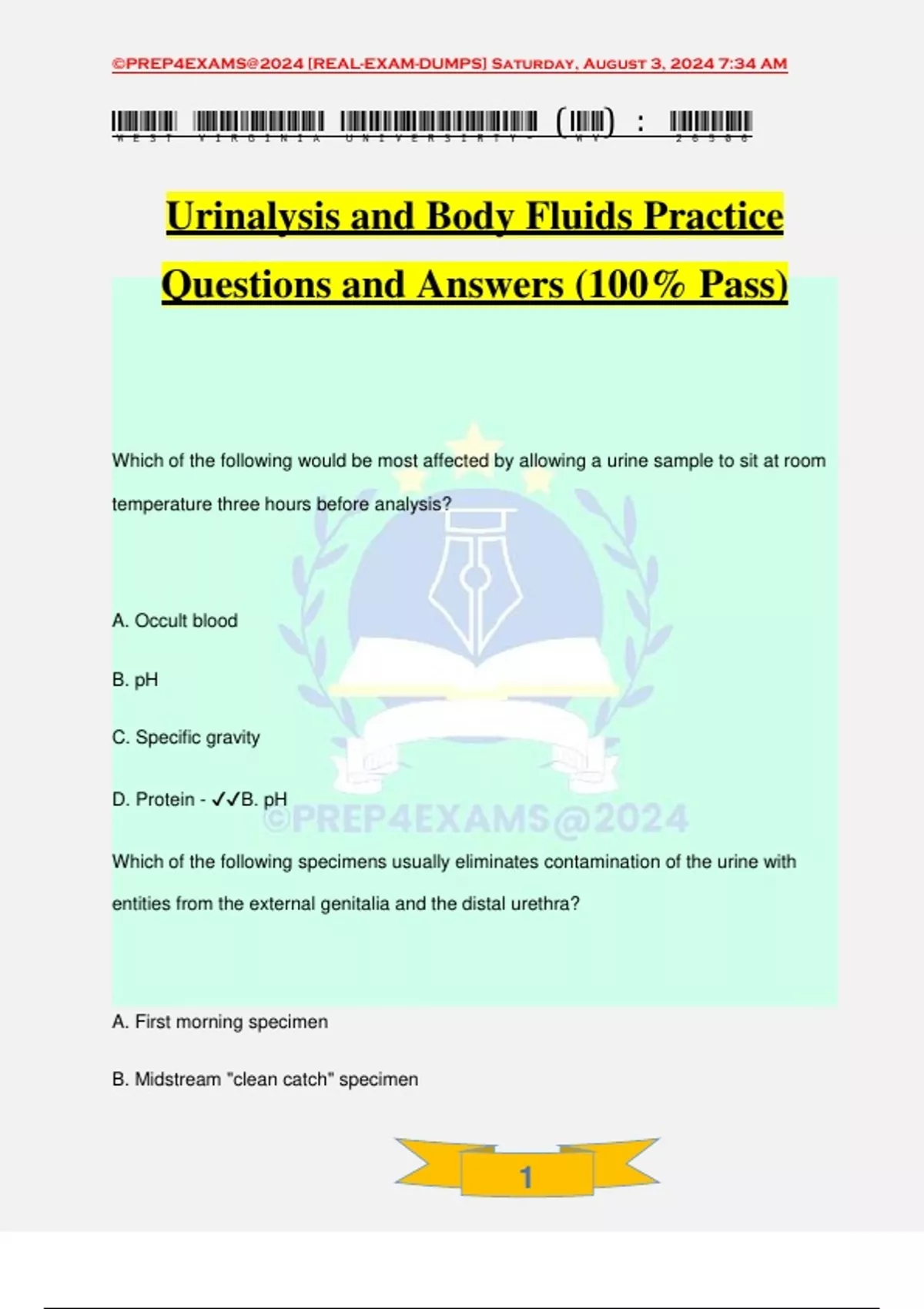 Urinalysis and Body Fluids Practice Questions and Answers (100% Pass ...