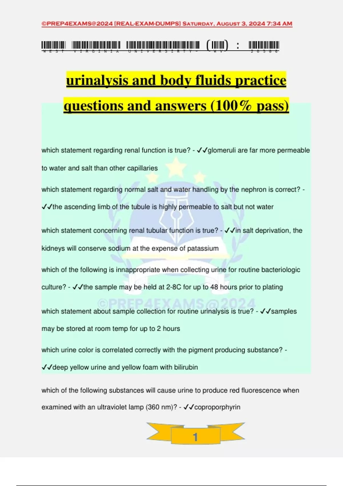urinalysis and body fluids practice questions and answers (100% pass ...