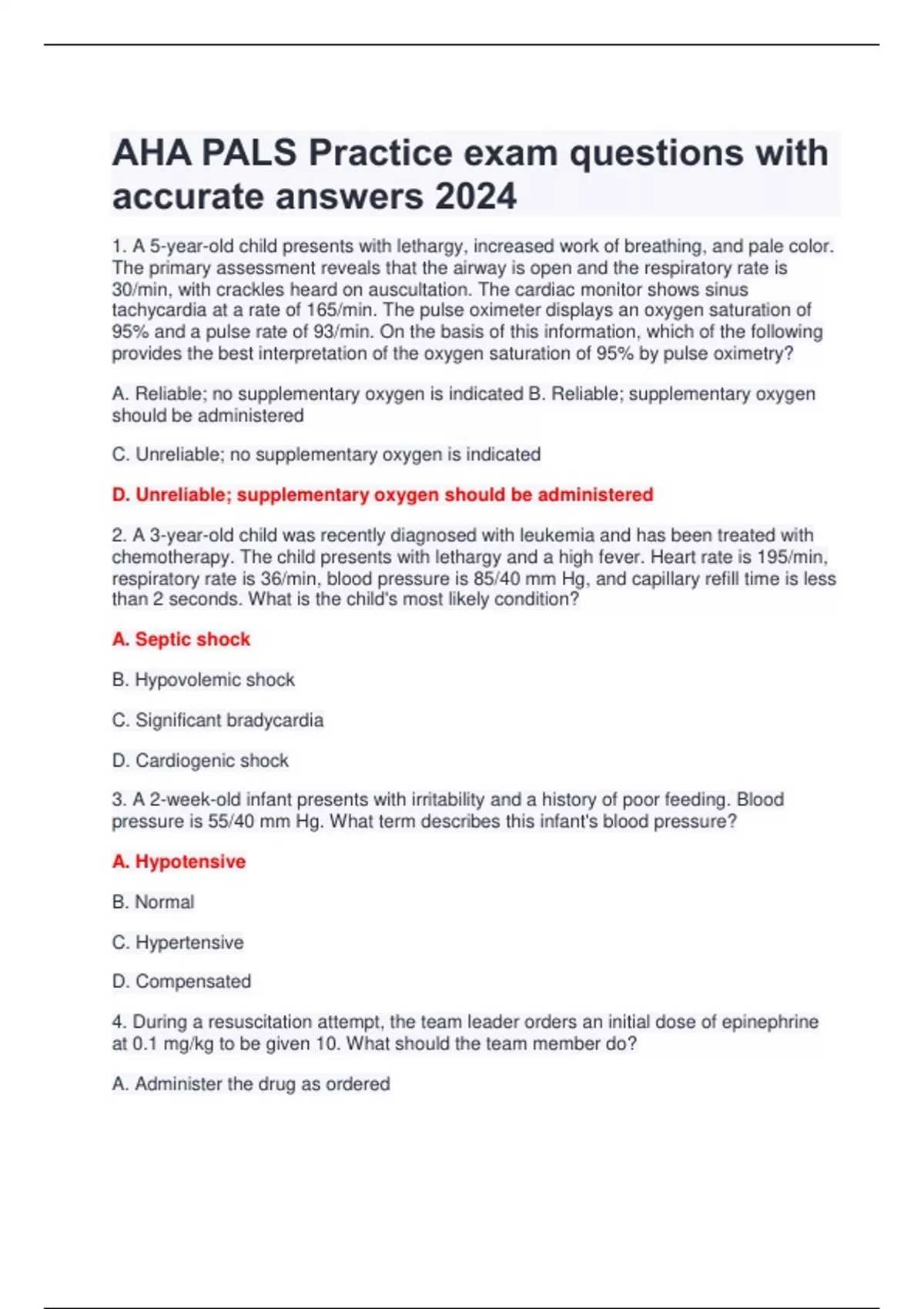 AHA PALS Practice exam questions with accurate answers 2024 - AHA PALS ...