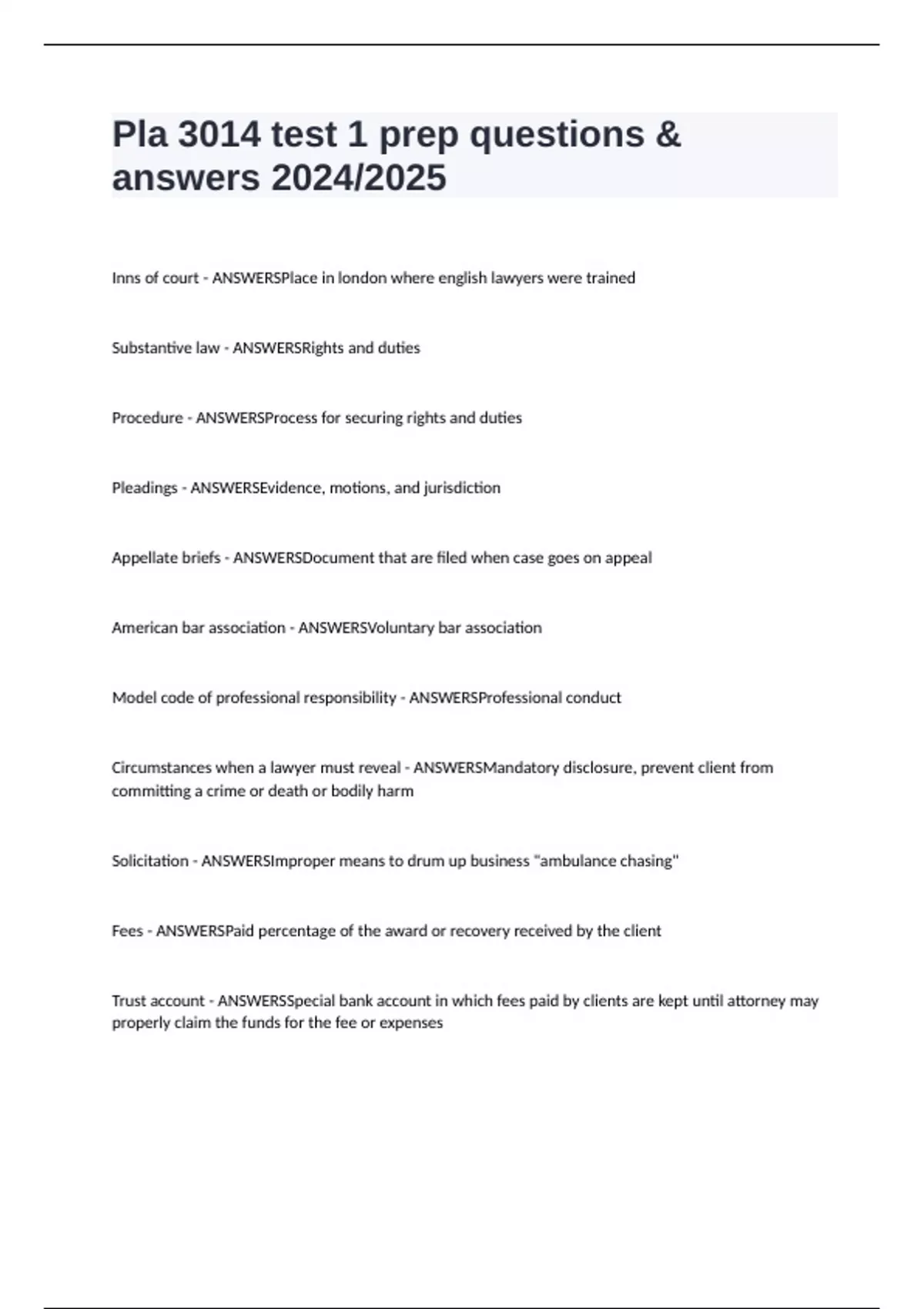 Pla 3014 test 1 prep questions & answers 2024/2025 - Pla 3014 - Stuvia US