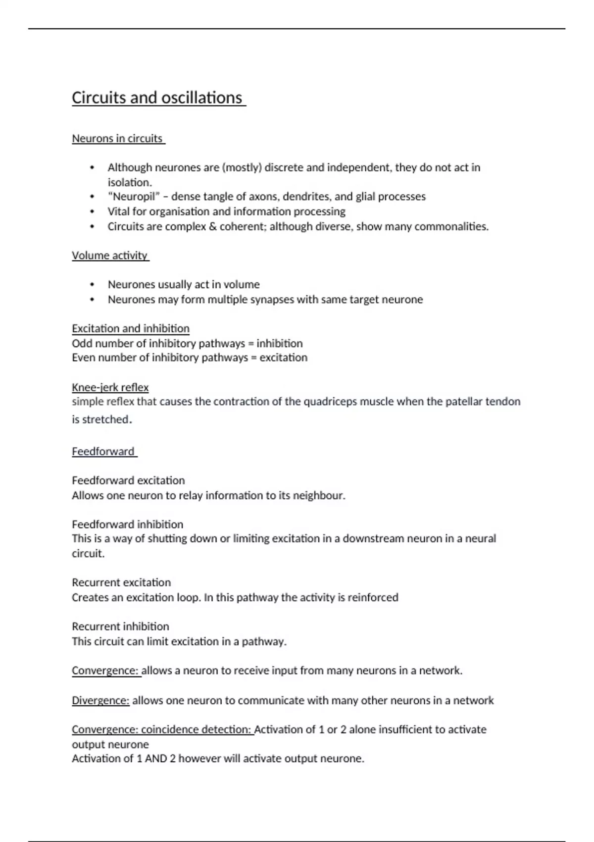 summary notes on circuits and oscillations- neuroscience - Medical ...