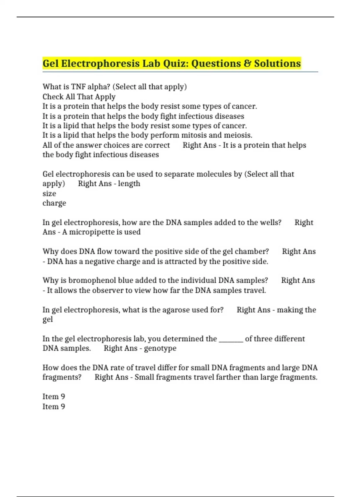 Gel Electrophoresis Lab Quiz: Questions & Solutions - ELECTROPHORESIS ...