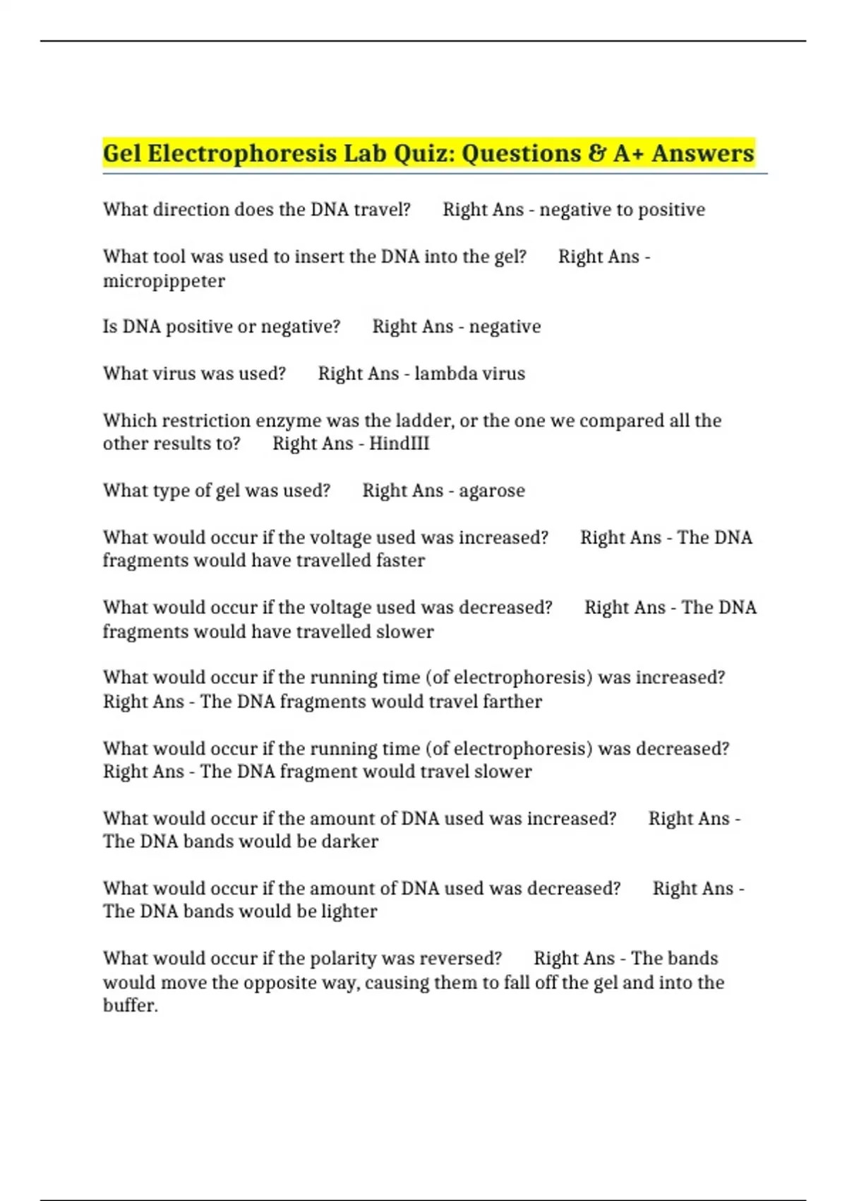 Gel Electrophoresis Lab Quiz: Questions & A+ Answers - ELECTROPHORESI ...