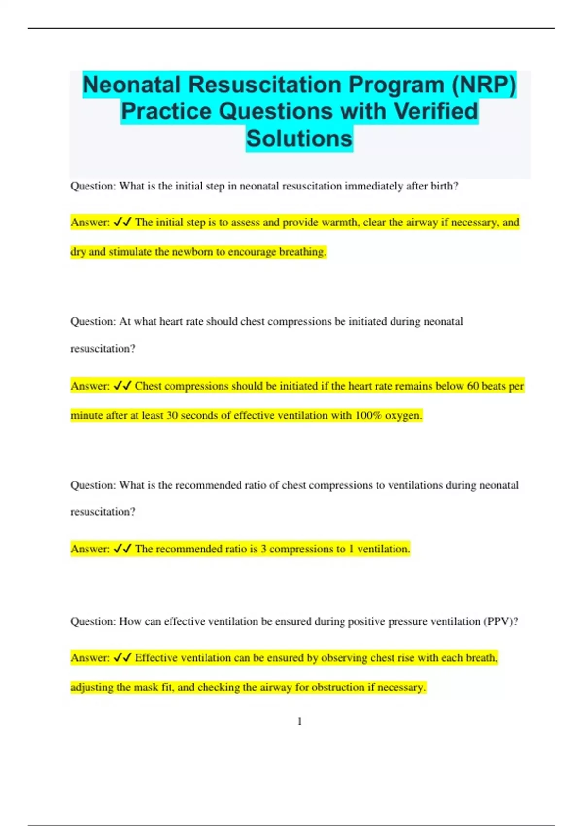 Neonatal Resuscitation Program (NRP) Practice Questions with Verified Solutions - Neonatal ...