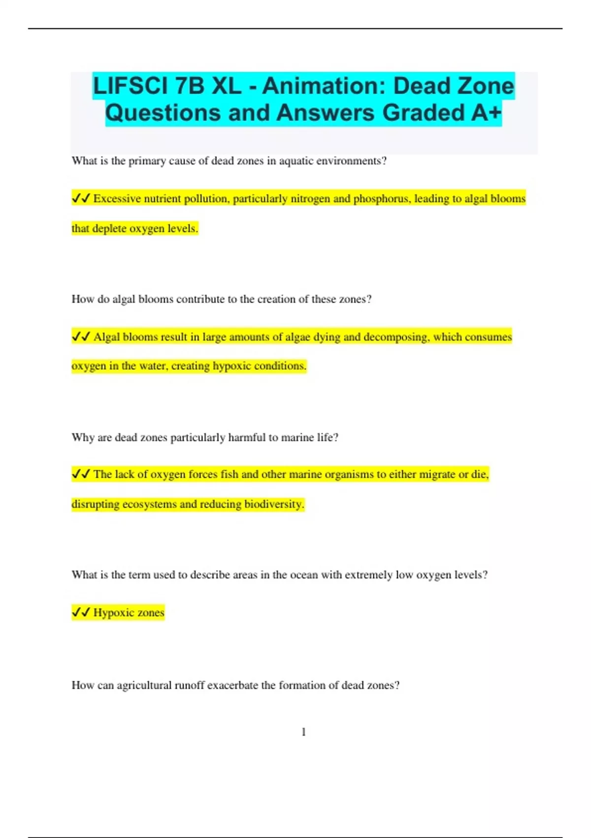 LIFSCI 7B XL - Animation: Dead Zone Questions and Answers Graded A+ ...