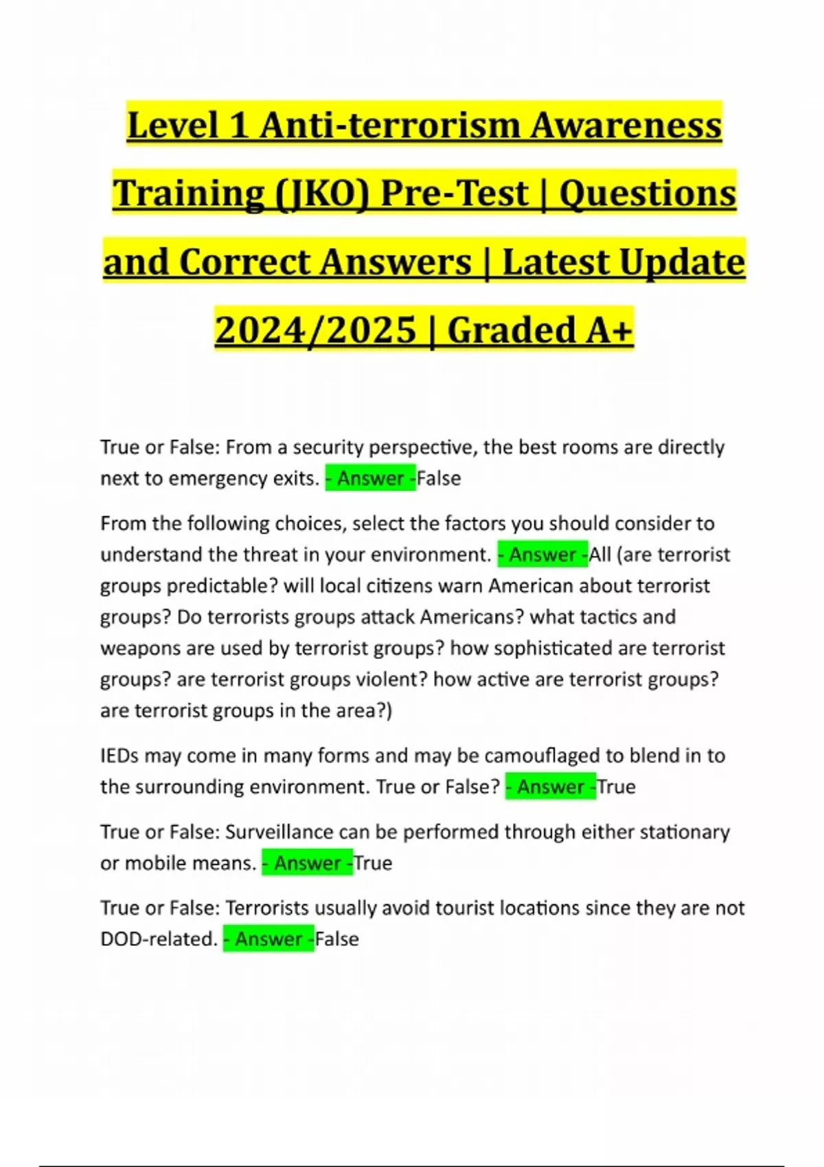Level 1 Anti-terrorism Awareness Training (JKO) Pre-Test | Questions ...