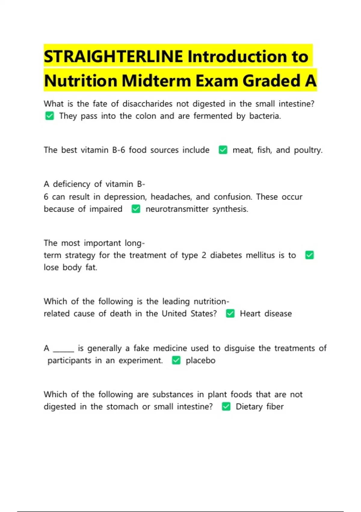 STRAIGHTERLINE Introduction to Nutrition Midterm Exam Graded A |Latest ...