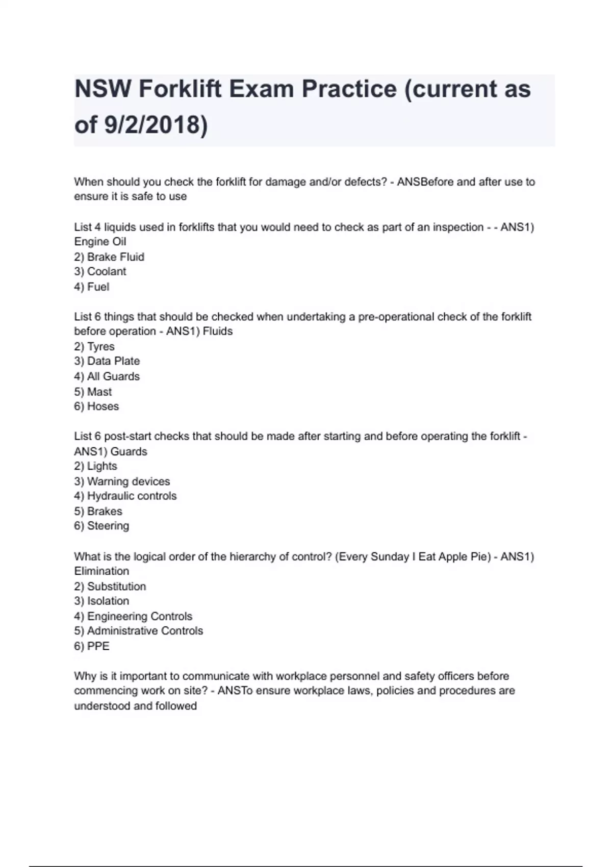 NSW Forklift Exam Practice questions and answers rated A+ 2024/2025 ...