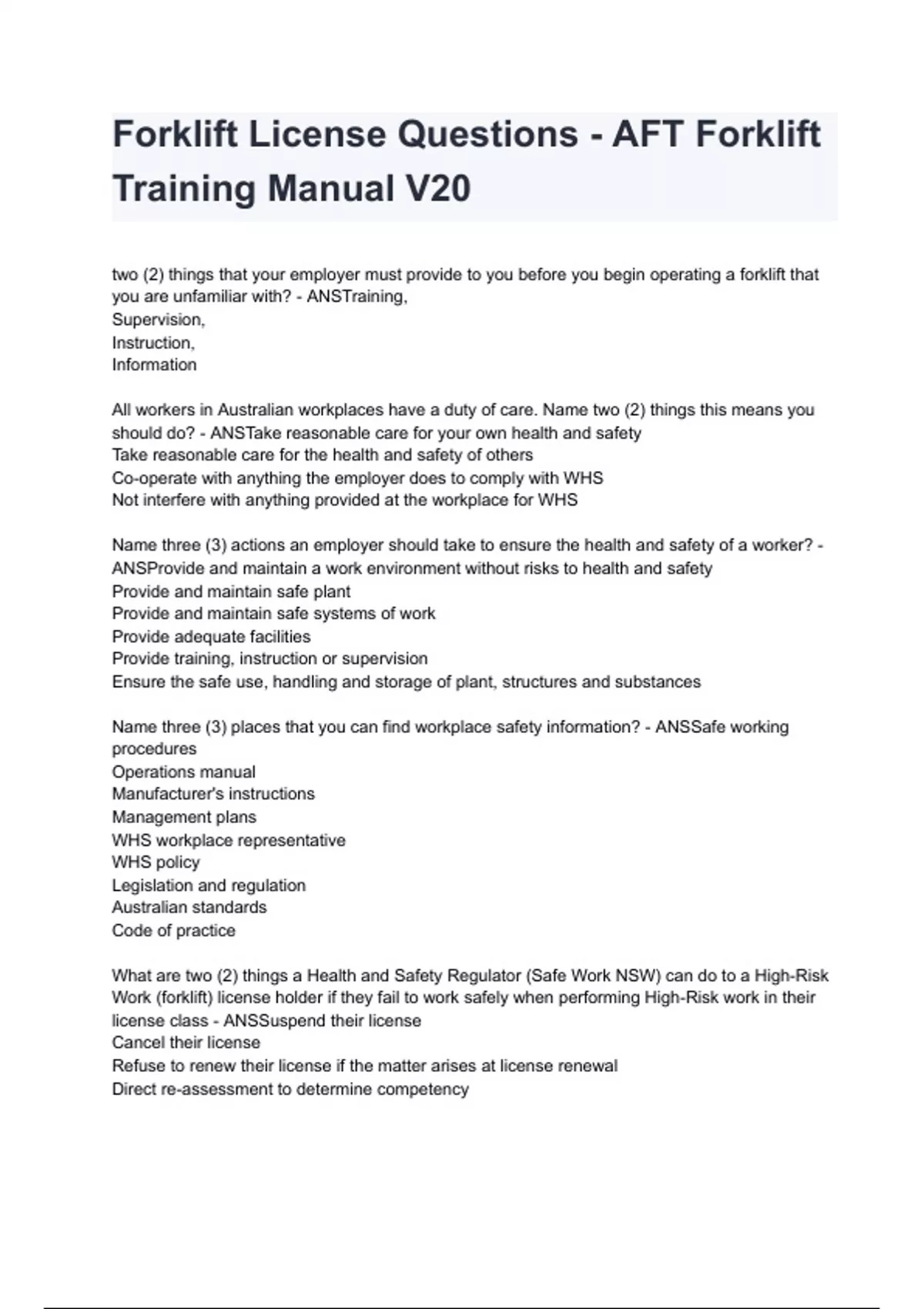 Forklift License Questions - AFT Forklift Training Manual V20 questions ...