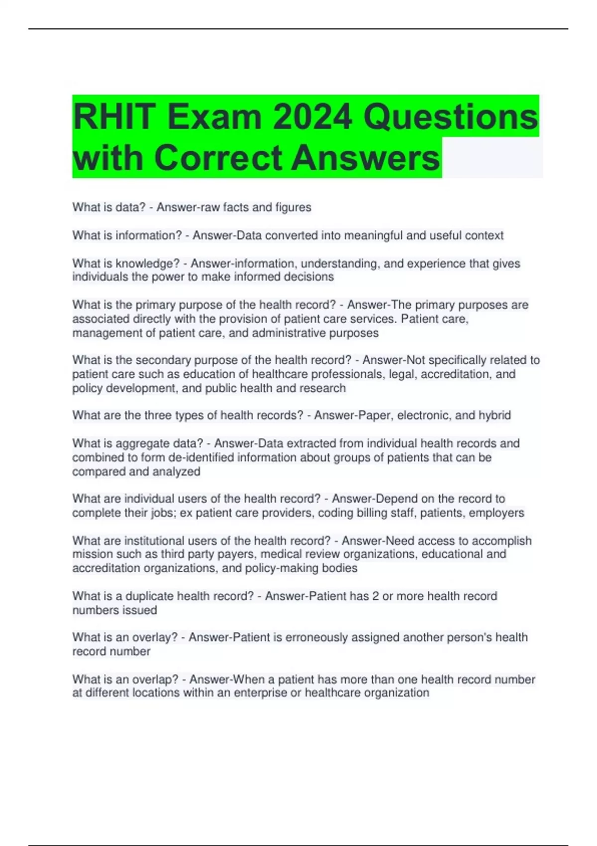 RHIT Exam 2024 Questions with Correct Answers - RHIT - Stuvia US