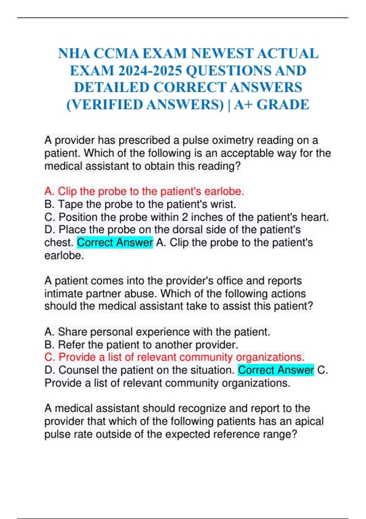 Nha Ccma Exam Newest Actual Exam Questions And Detailed Correct Answers Verified Answers A