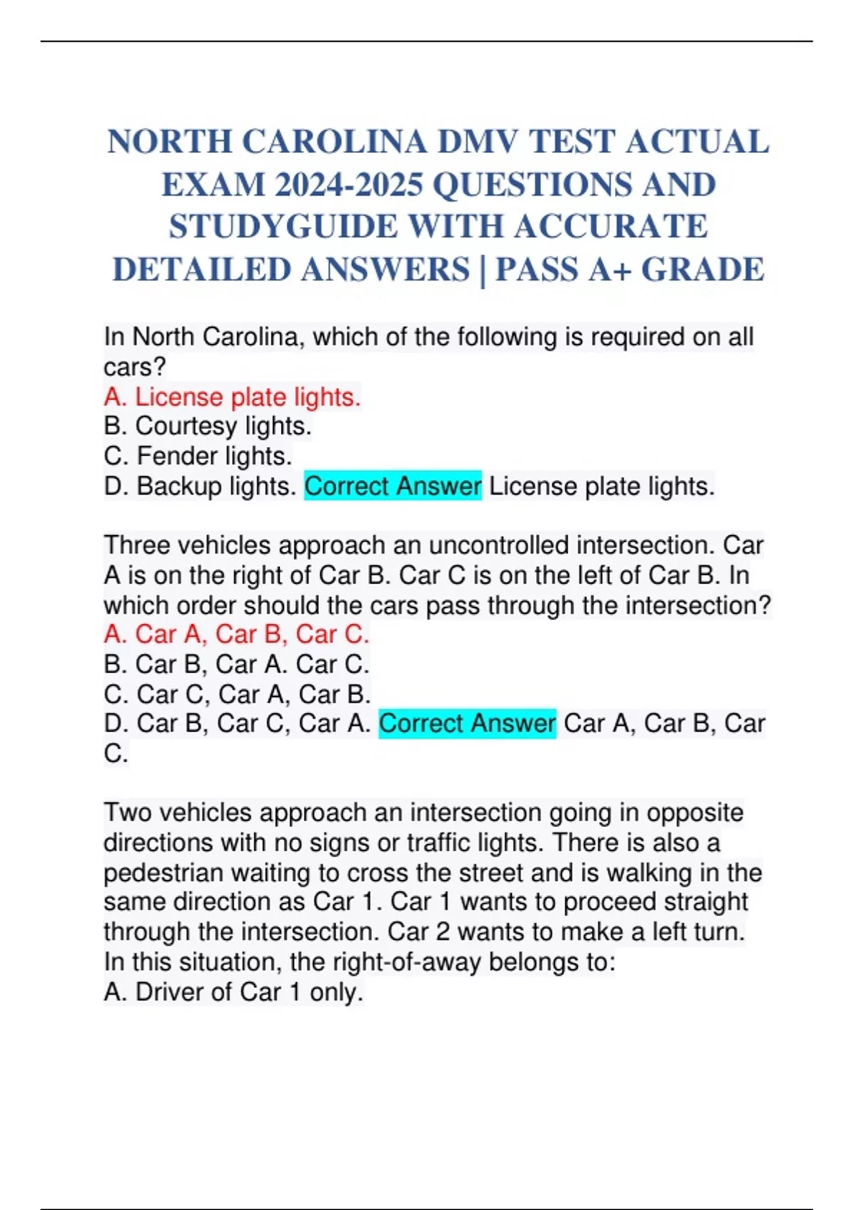 NORTH CAROLINA DMV TEST ACTUAL EXAM QUESTIONS AND STUDYGUIDE WITH ...