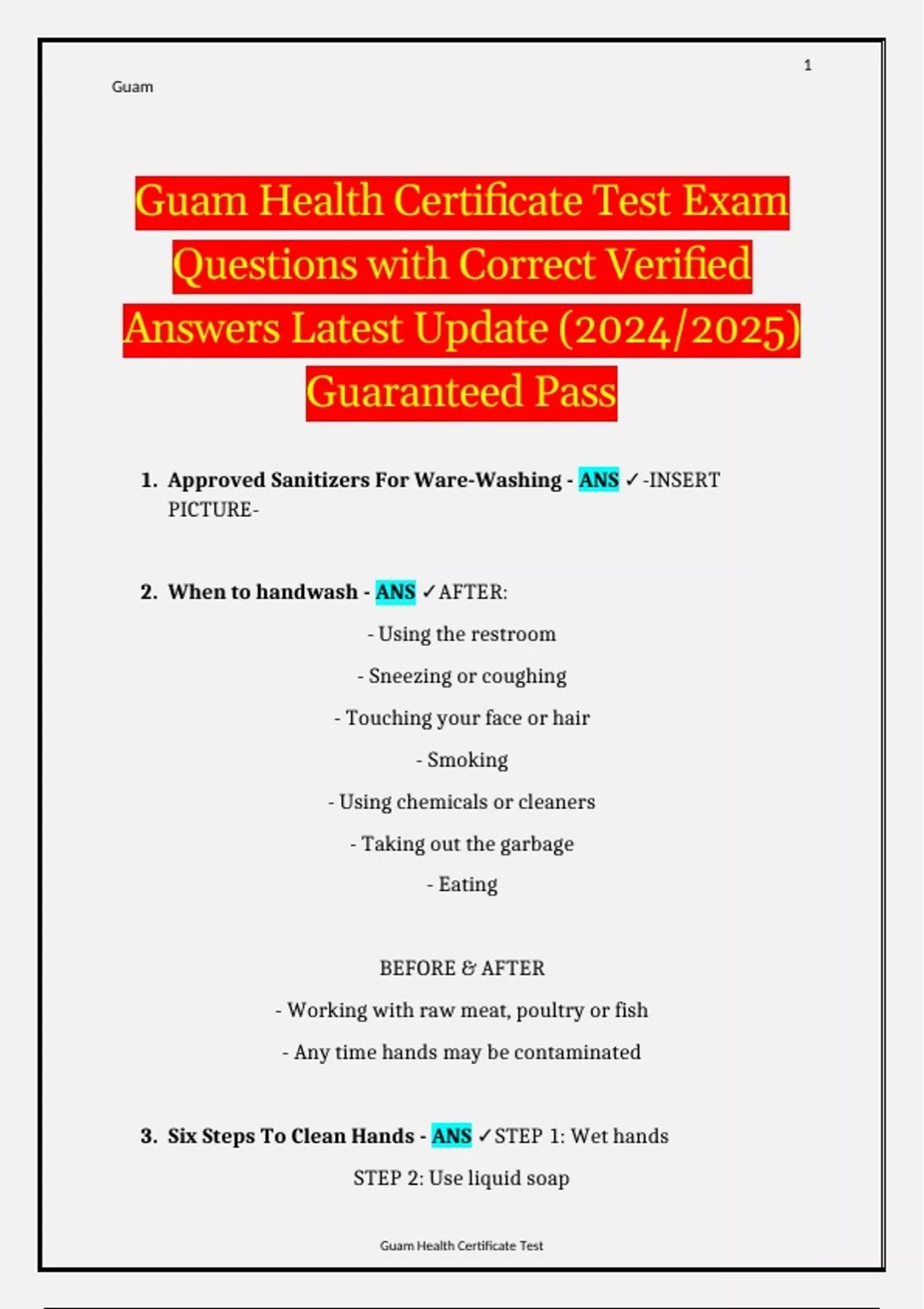 Guam Health Certificate Test Exam Questions with Correct Verified ...