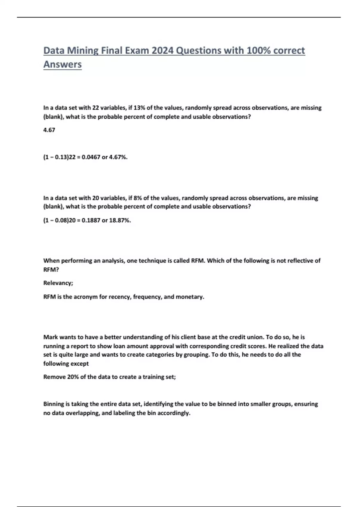 Data Mining Final Exam 2024 Questions with 100% correct Answers - Data Mining - Stuvia US