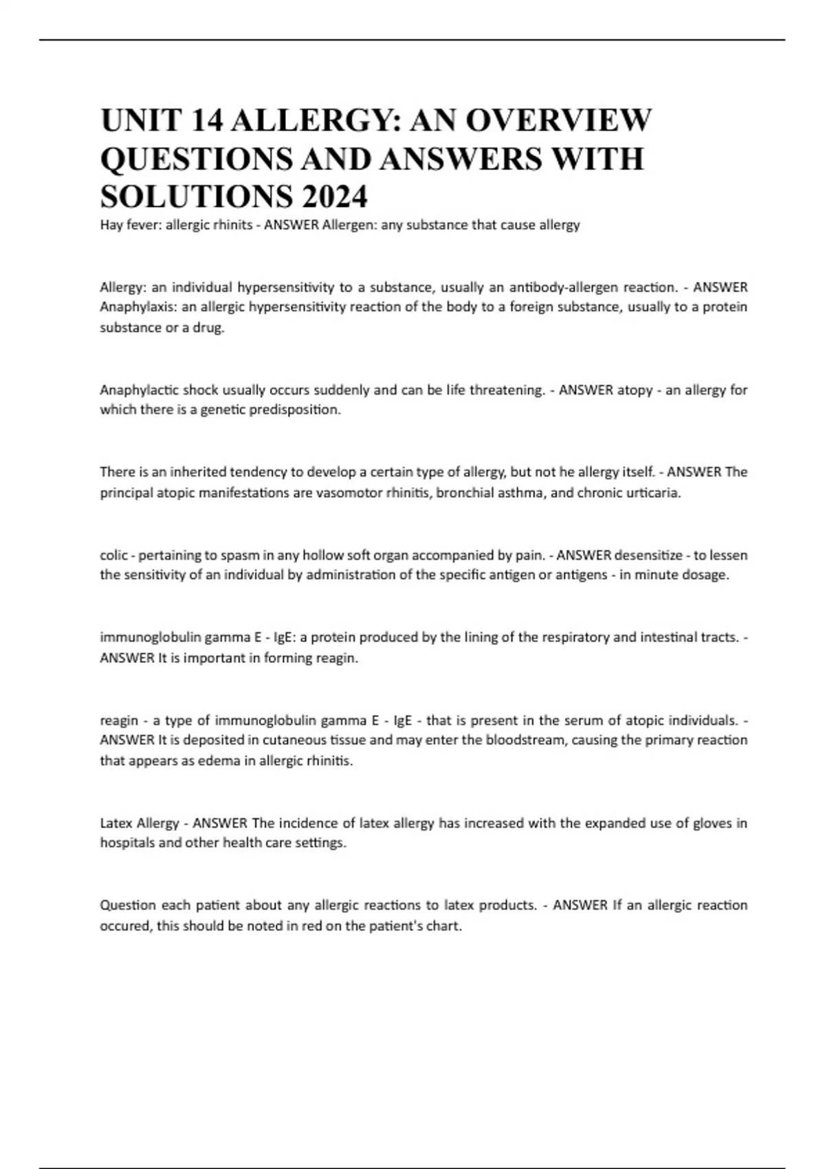 UNIT 14 ALLERGY: AN OVERVIEW QUESTIONS AND ANSWERS WITH SOLUTIONS 2024 ...