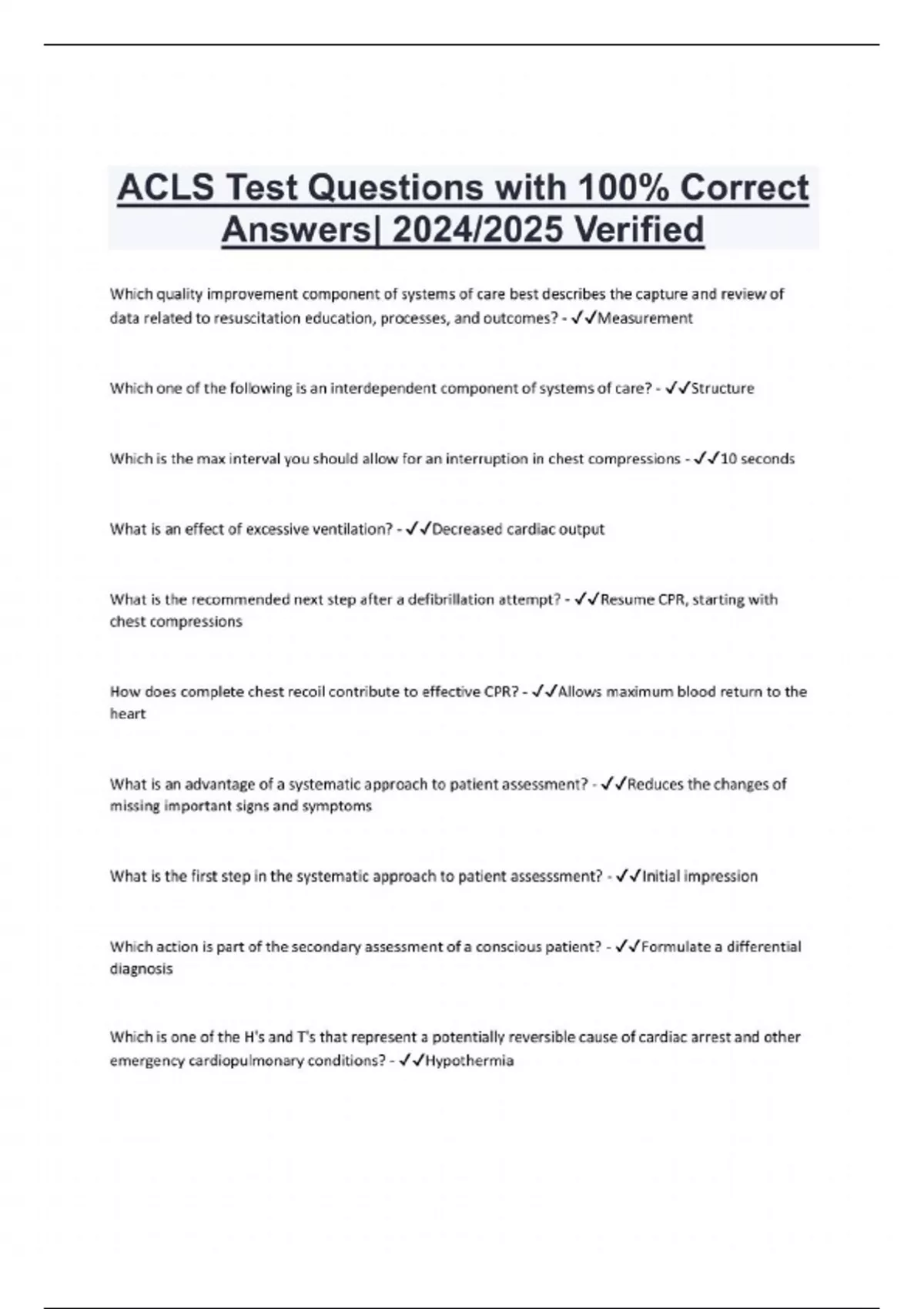 ACLS Test Questions with 100% Correct Answers| 2024/2025 Verified ...