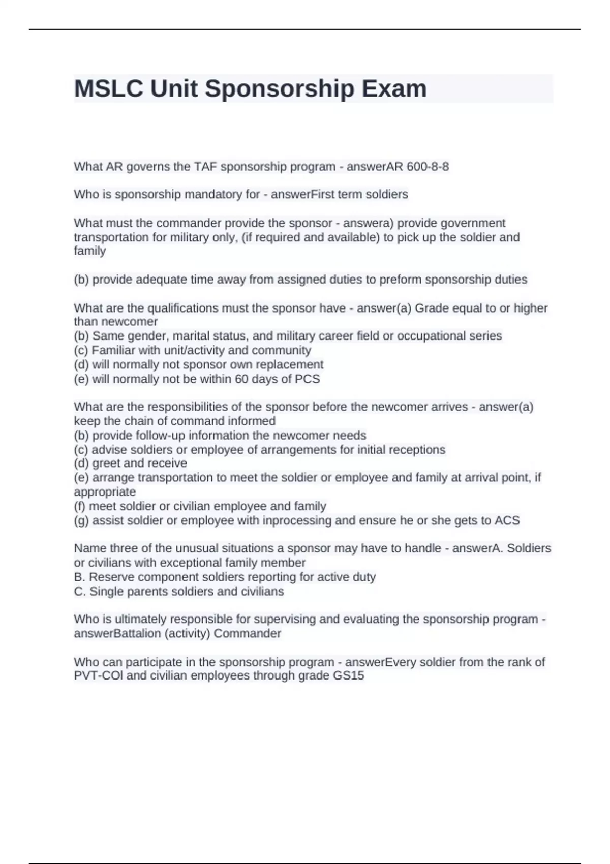 MSLC Unit Sponsorship Exam Questions and Answers 2024 - MSLC - Stuvia US