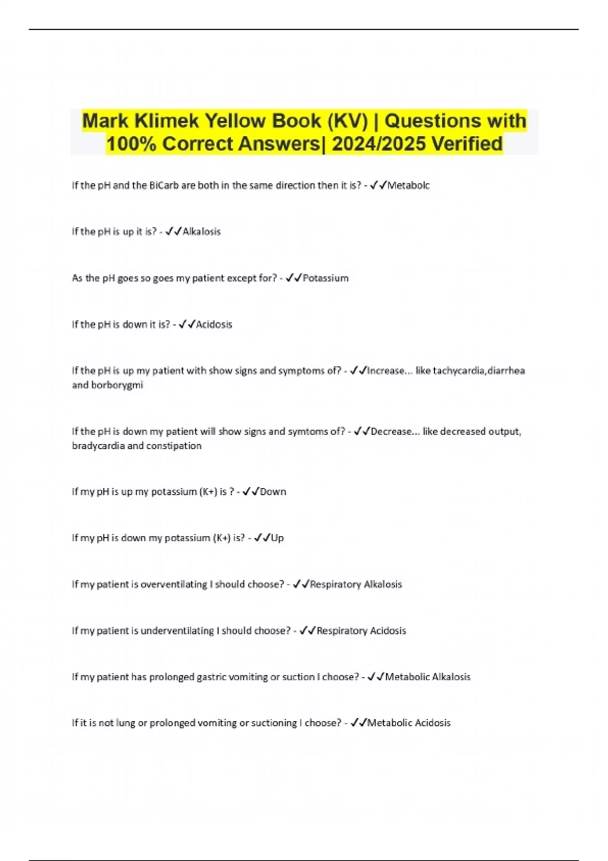 Mark Klimek Yellow Book (KV) | Questions with 100% Correct Answers ...