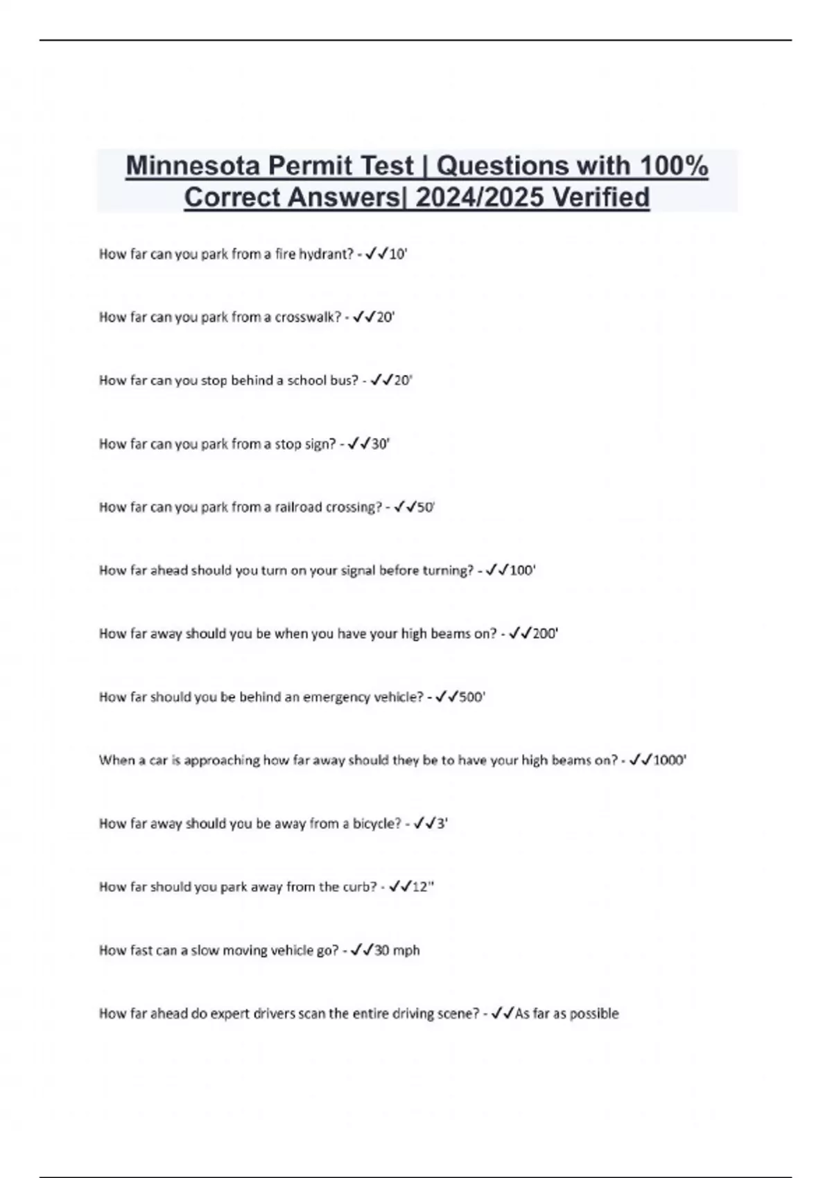 Minnesota Permit Test | Questions with 100% Correct Answers| 2024/2025 ...