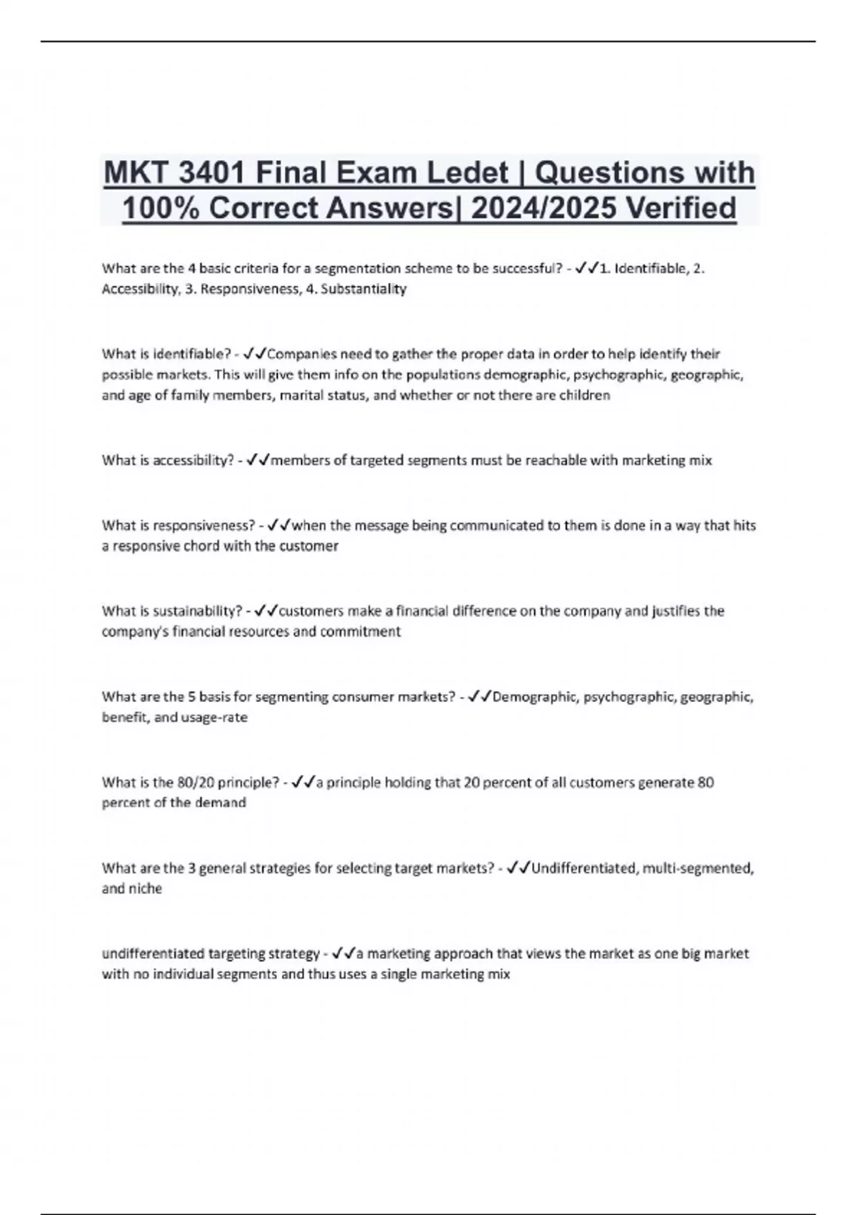 MKT 3401 Final Exam Ledet | Questions with 100% Correct Answers| 2024/2025 Verified - MKT 3401 ...