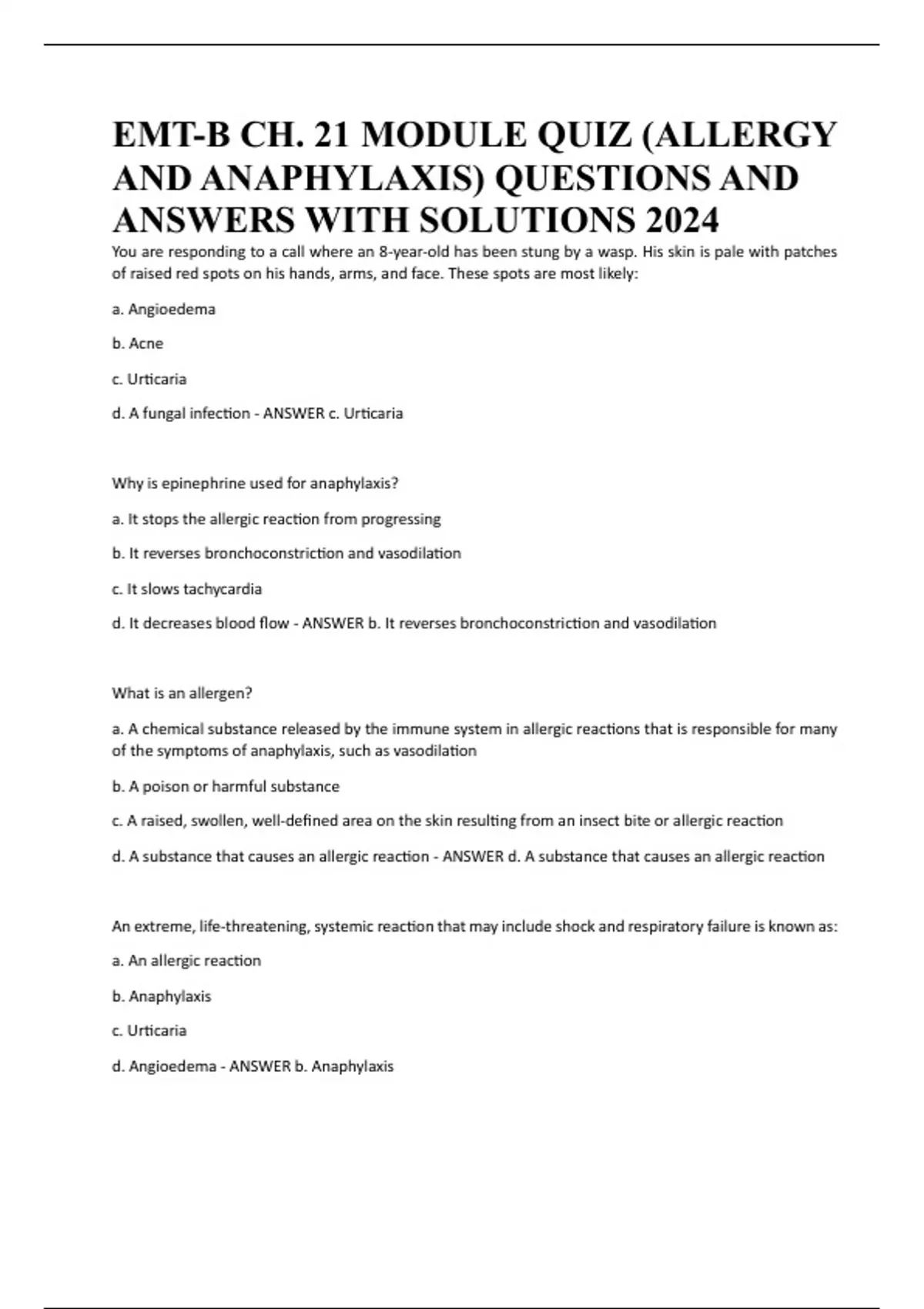 EMT-B CH. 21 MODULE QUIZ (ALLERGY AND ANAPHYLAXIS) QUESTIONS AND ...