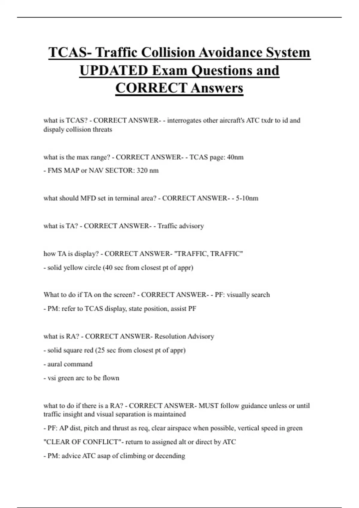 TCAS- Traffic Collision Avoidance System UPDATED Exam Questions and ...