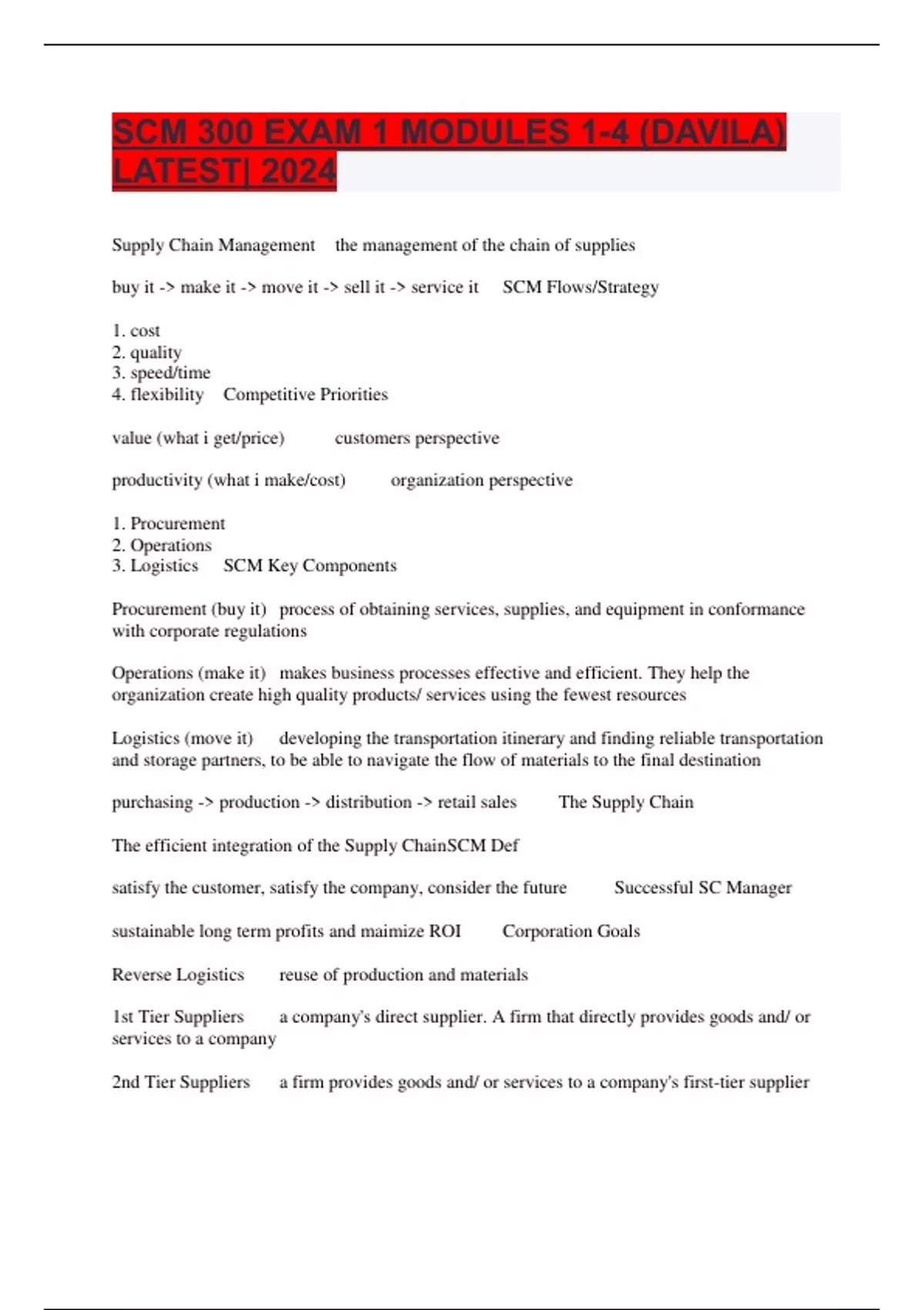 SCM 300 EXAM 1 MODULES 1-4 (DAVILA) LATEST| 2024 - SCM 300 - Stuvia US