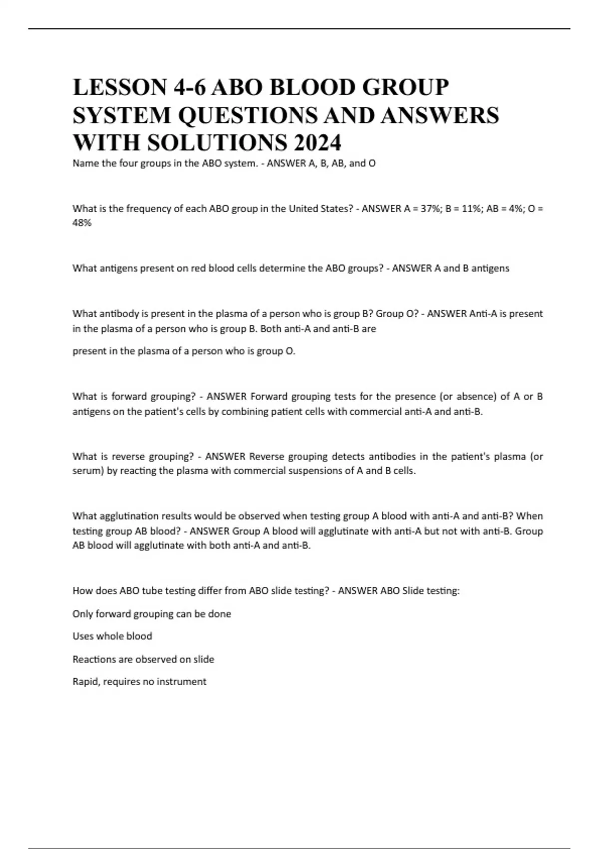 LESSON 4-6 ABO BLOOD GROUP SYSTEM QUESTIONS AND ANSWERS WITH SOLUTIONS ...