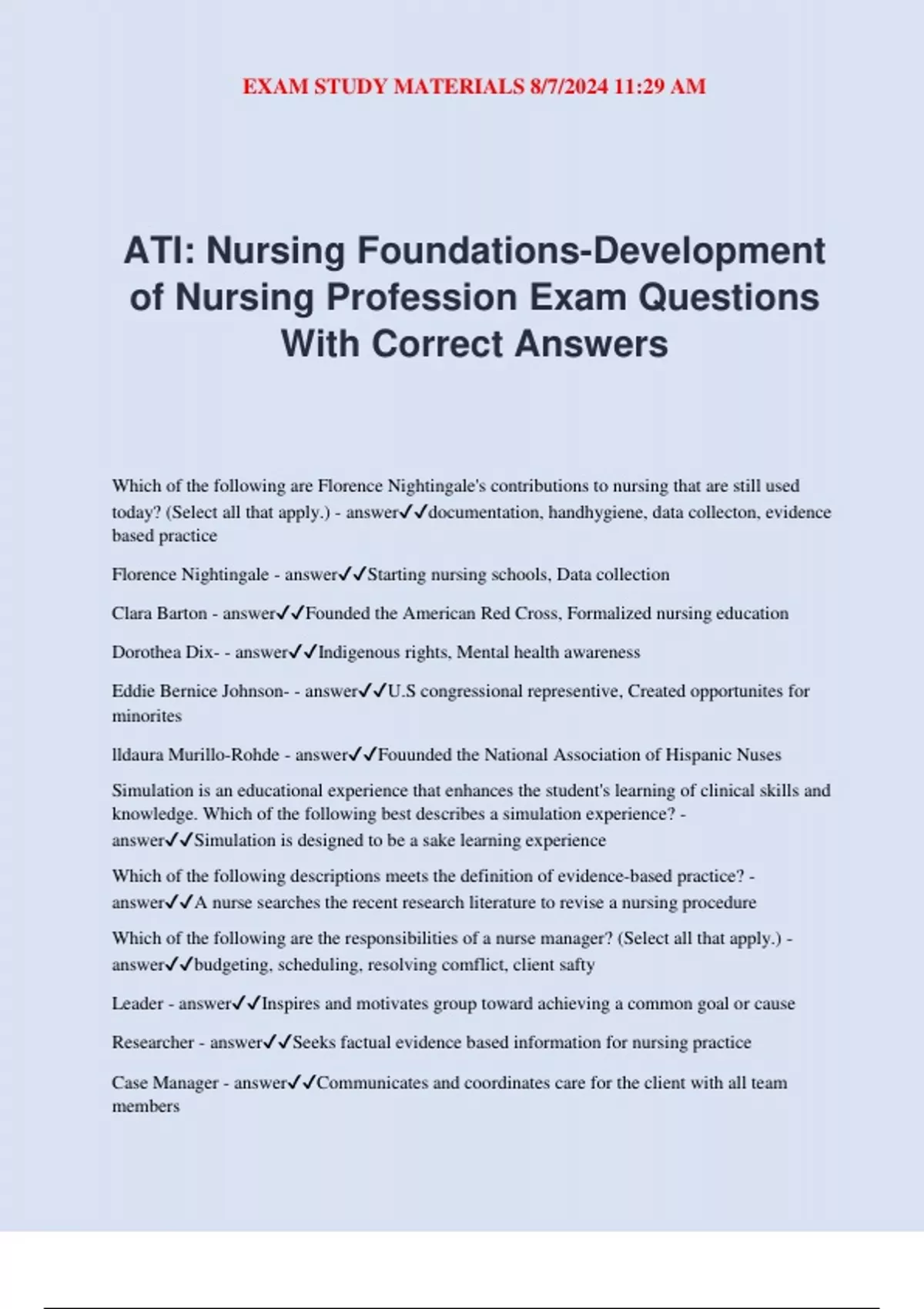 ATI: Nursing Foundations-Development of Nursing Profession Exam ...