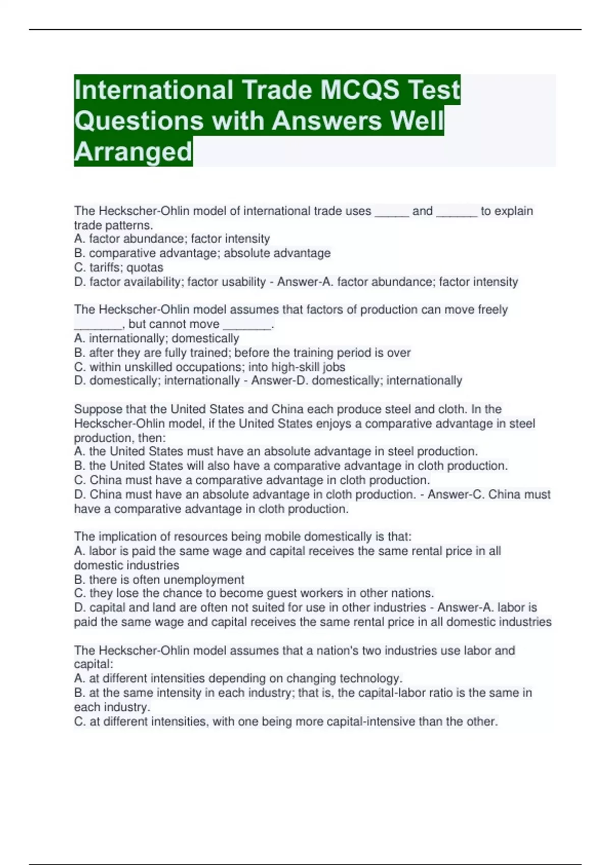 International Trade MCQS Test Questions with Answers Well Arranged ...