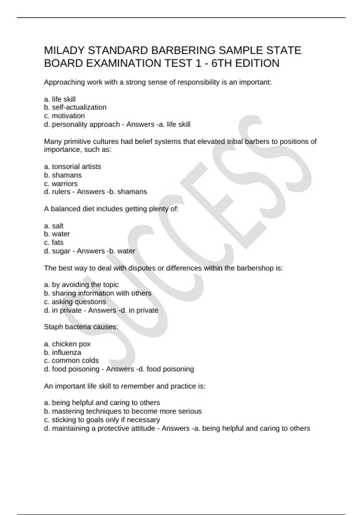 MILADY STANDARD BARBERING SAMPLE STATE BOARD EXAMINATION TEST 1 - 6TH ...
