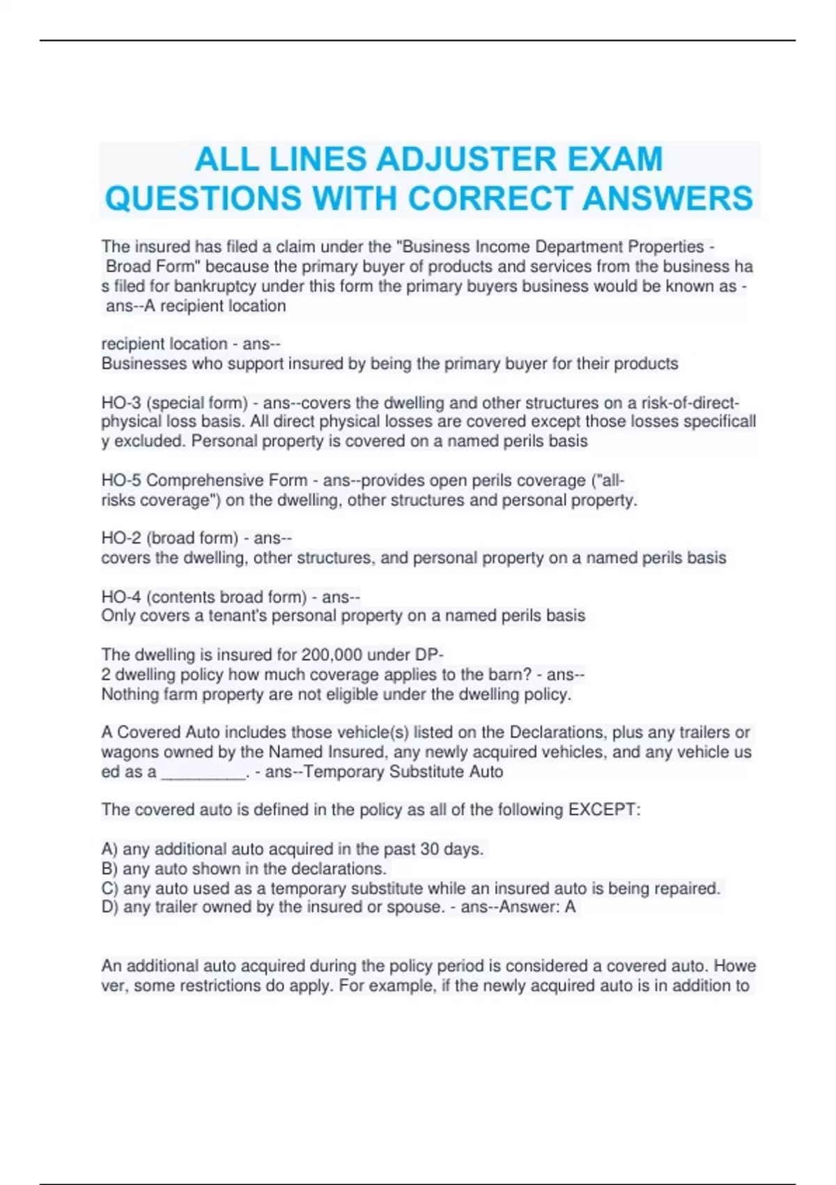 Texas all lines adjuster exam Questions and Answers (Rated 100%) All of ...