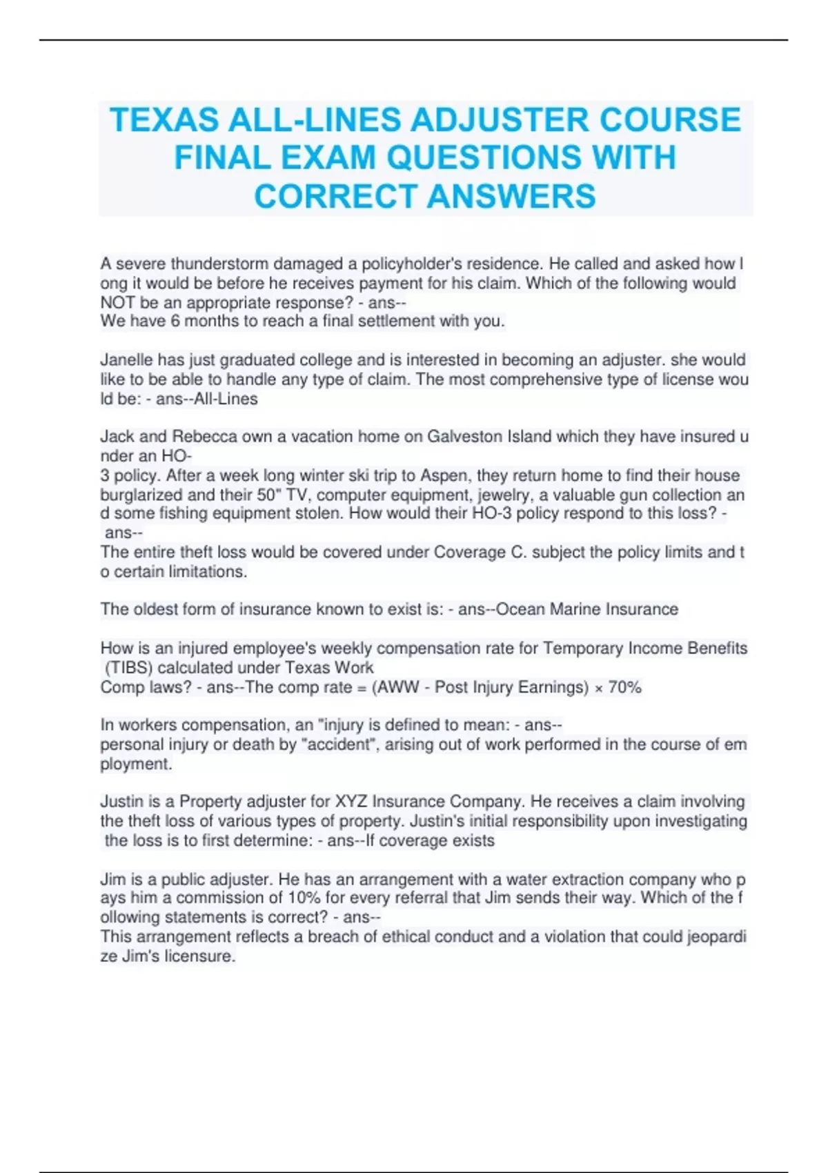 TEXAS ALL LINES ADJUSTER TEST QUESTIONS WITH CORRECT ANSWERS - Texas ...